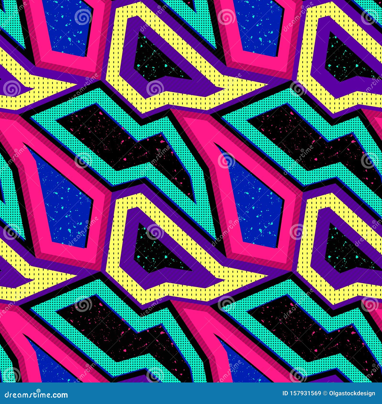 Vector Abstract Seamless Pattern With Geometric Shapes Retro 90s Style
