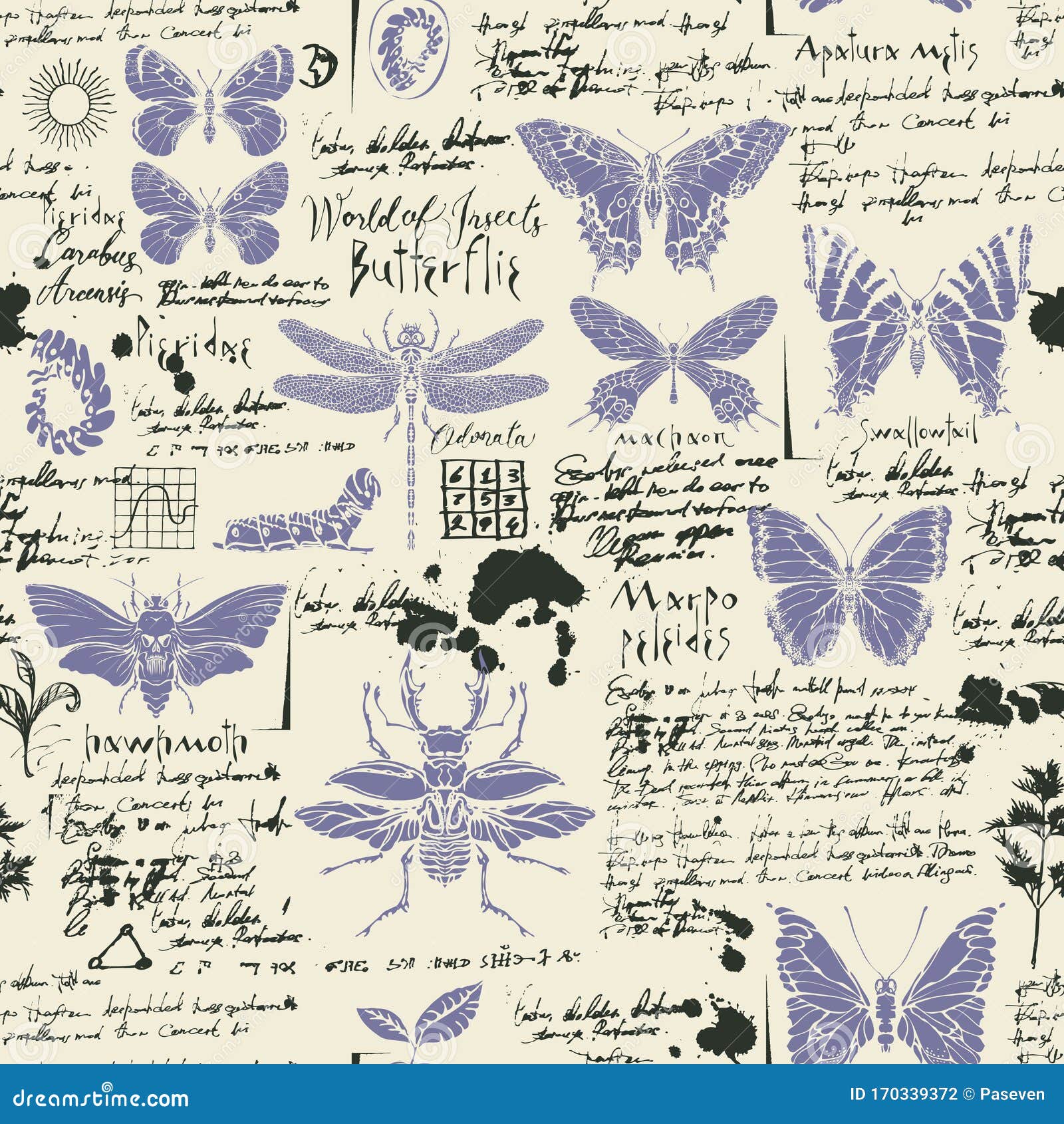 Abstract Seamless Pattern with Insects and Scribbles Stock Vector ...