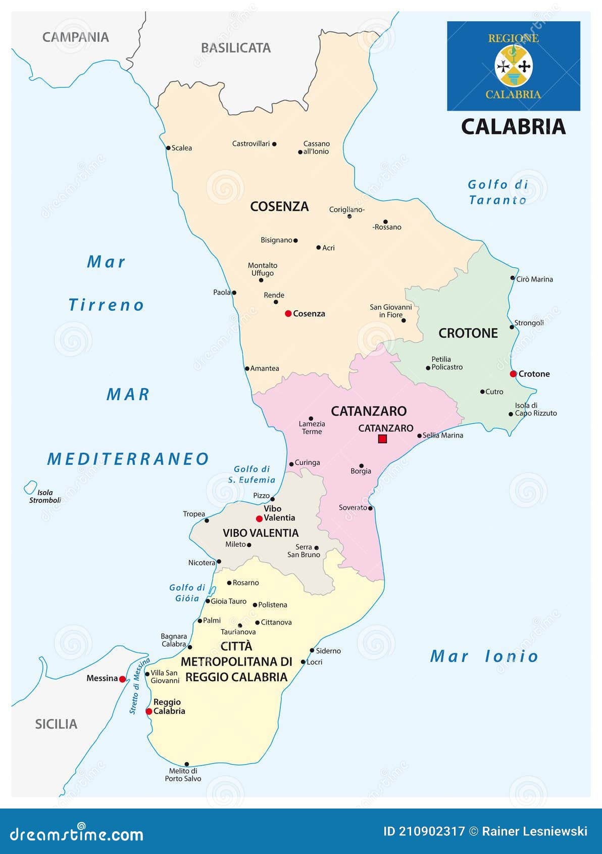 Vector Administrative Map of Calabria with Flag in Italian Language ...