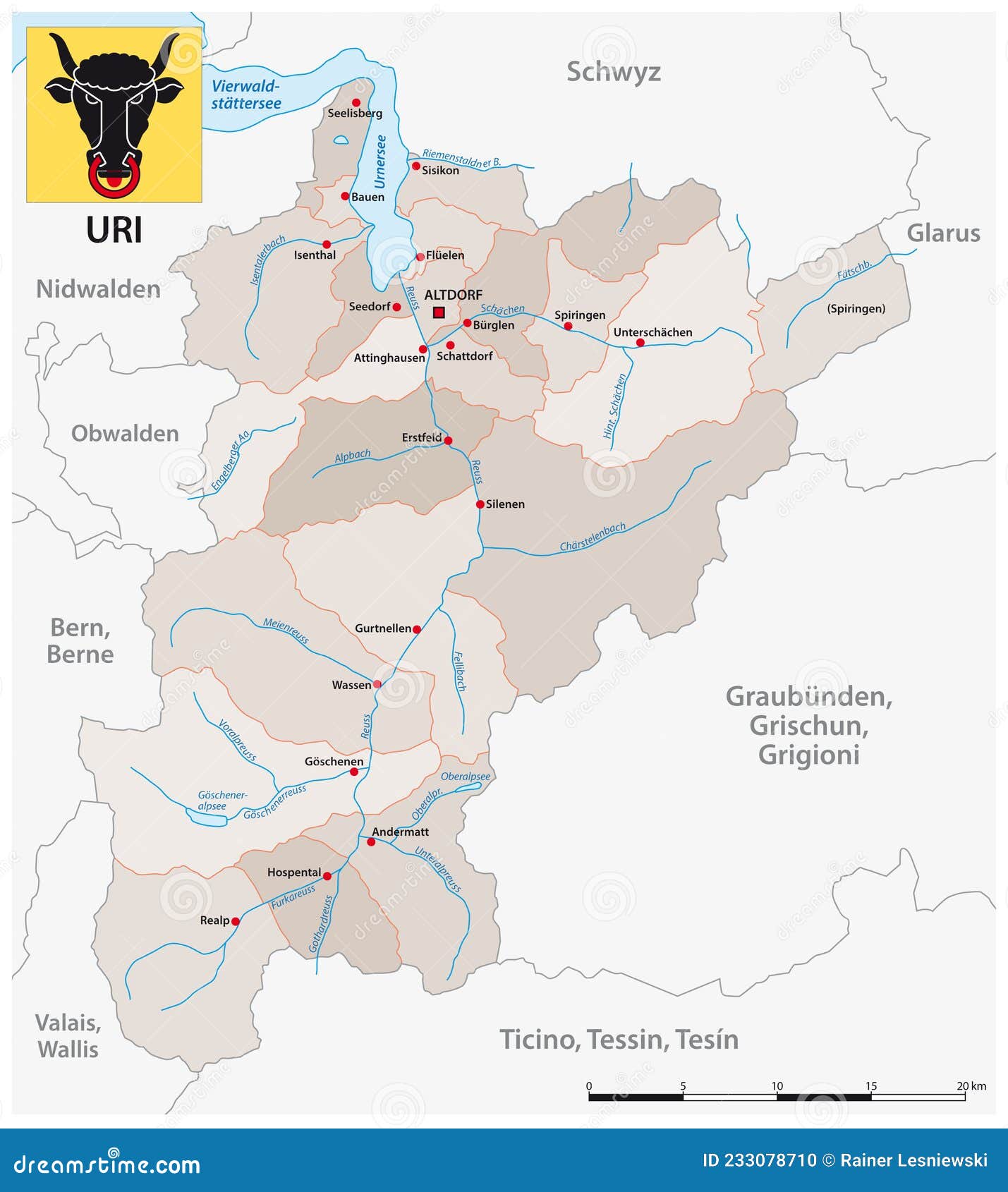 Vector Administrative Map of the Swiss Canton of Uri with Flag Stock ...