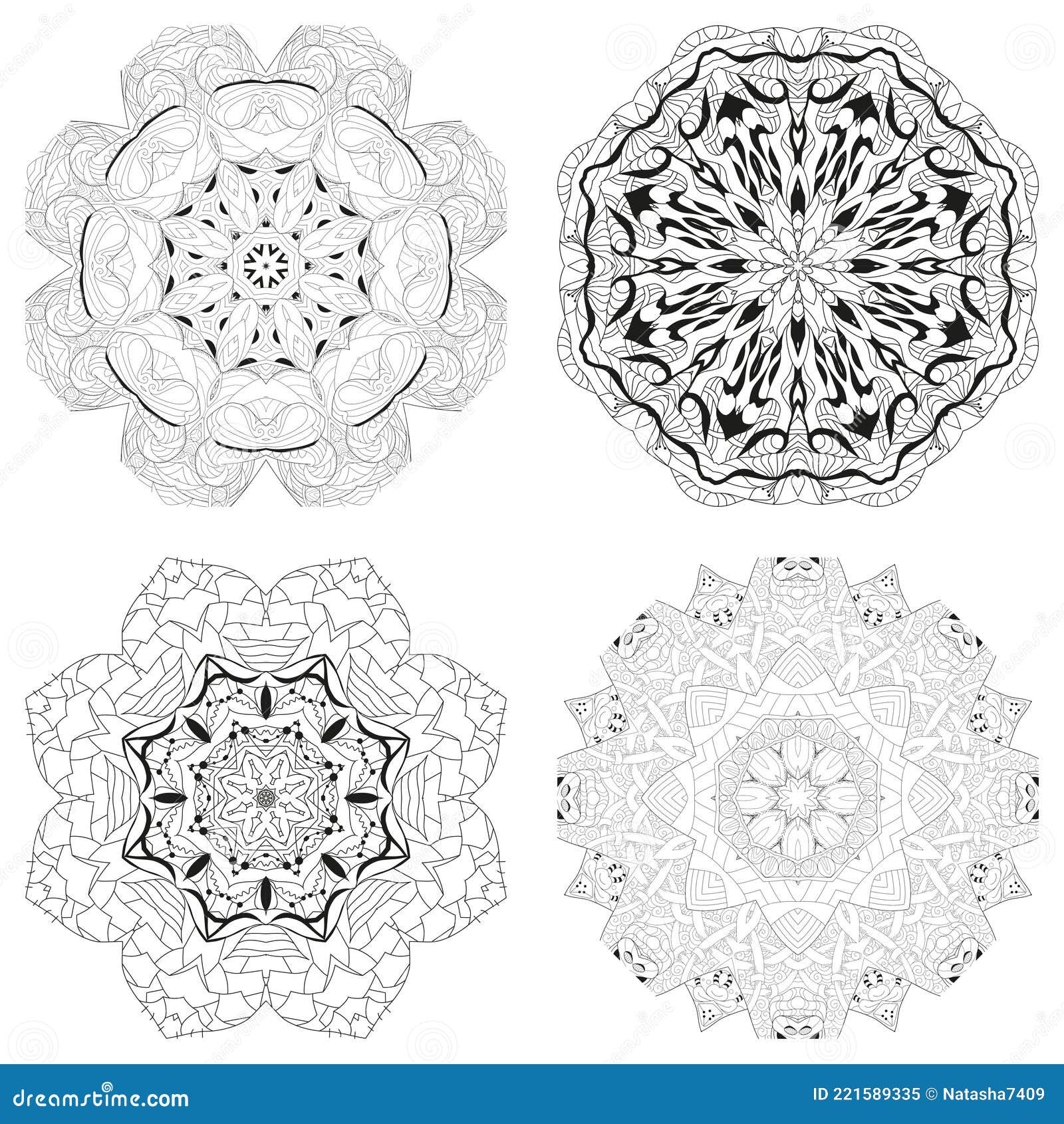 Hand Drawn Zentangle Set Of 4 Mandalas For Coloring Page Stock Vector