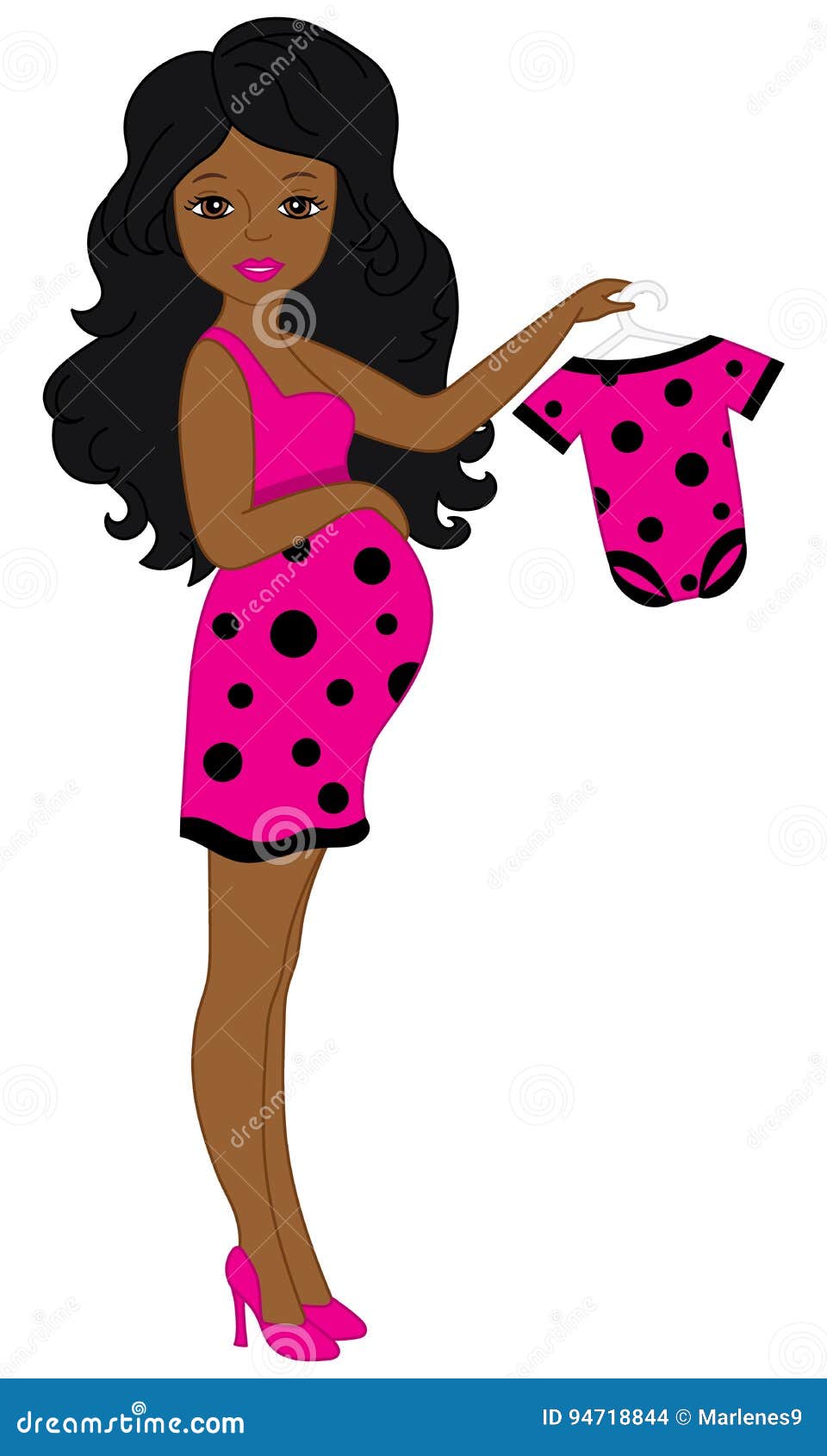 Vector African American Pregnant Woman In Pink Dress With Ladybug