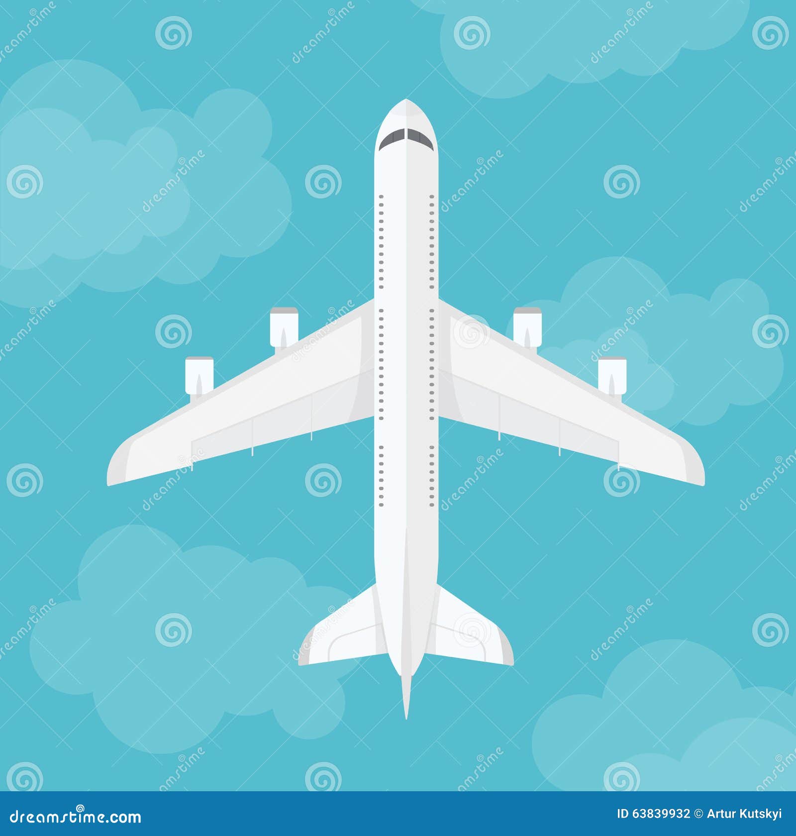 Vector Airplane Top View Near Clouds. Stock Vector - Illustration of ...