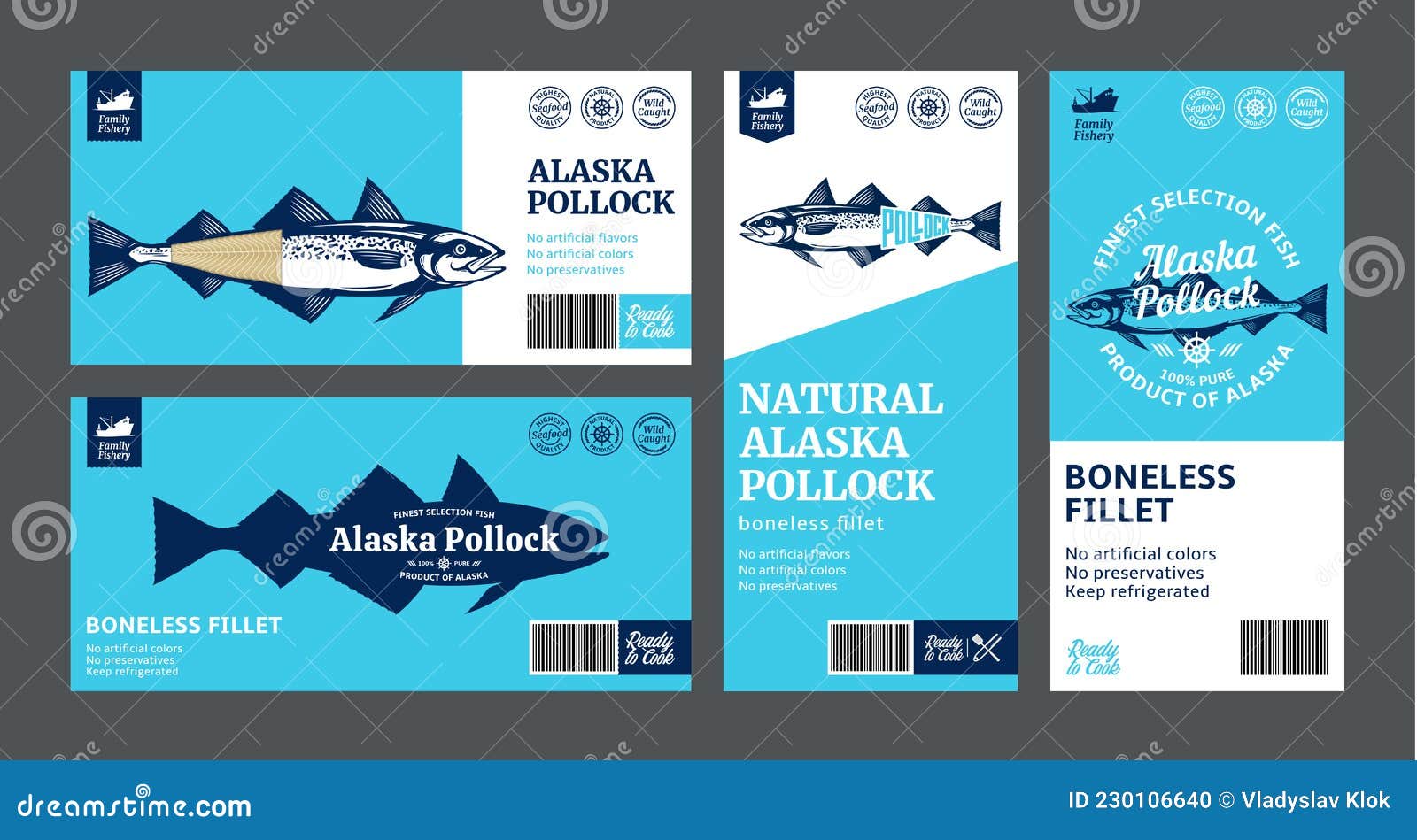 Vector Alaska Pollock Labels and Pollock Fish Illustrations Stock ...