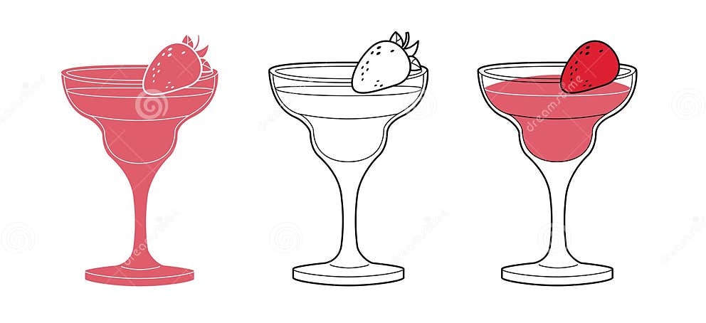 Vector Alcohol Drink Line Art Illustration Strawberry Daiquiri Cocktail