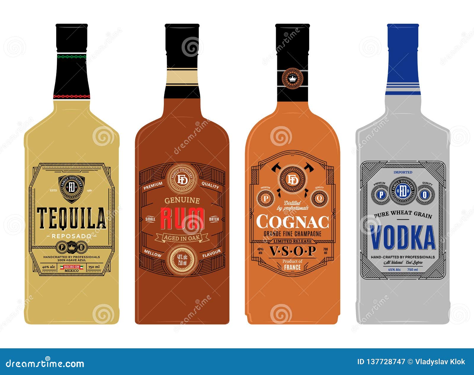 Vector Alcoholic Drinks Labels On Bottles Stock Vector Illustration