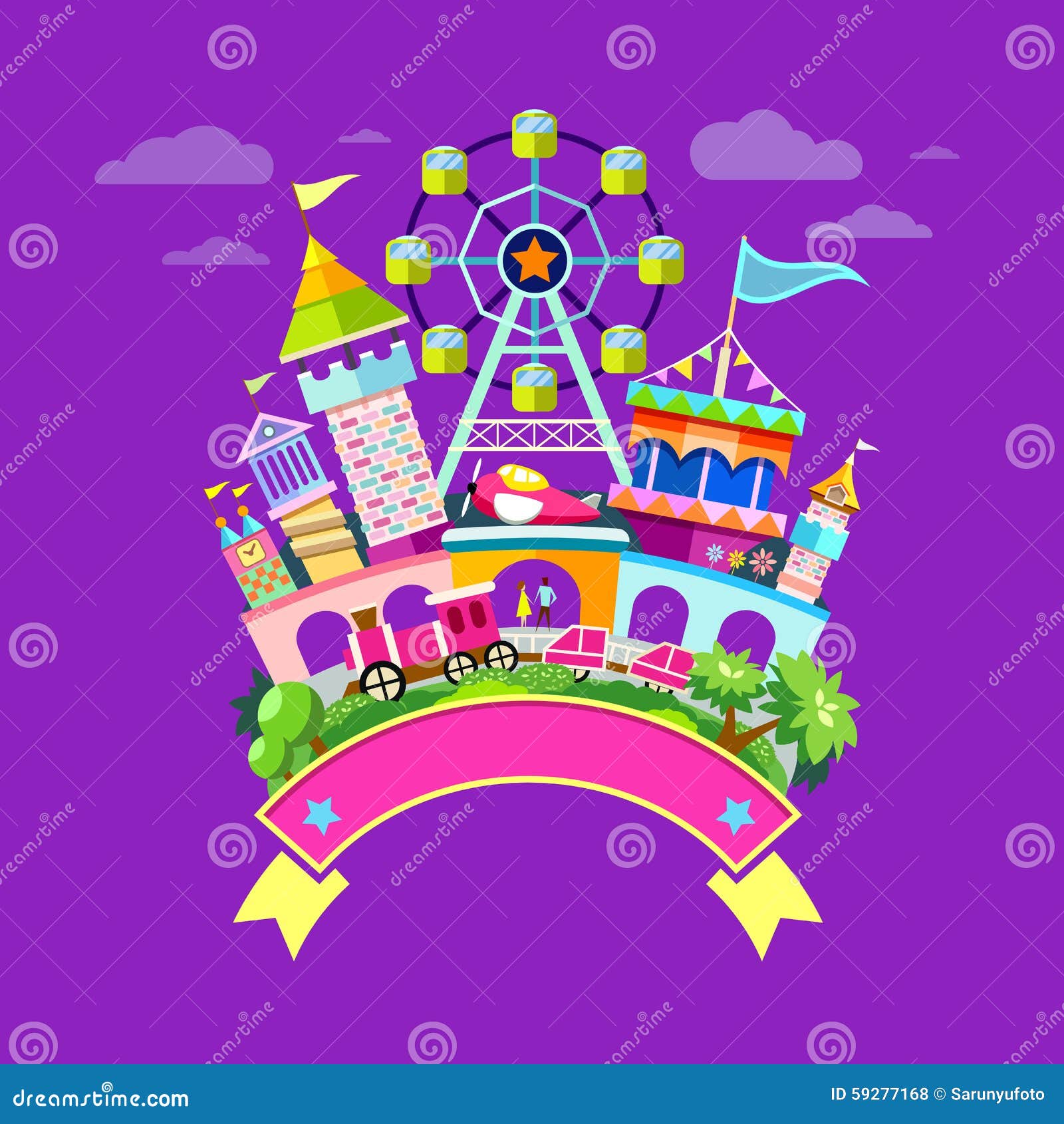 Vector Amusement Park Flat Concept Design Stock Vector - Illustration ...