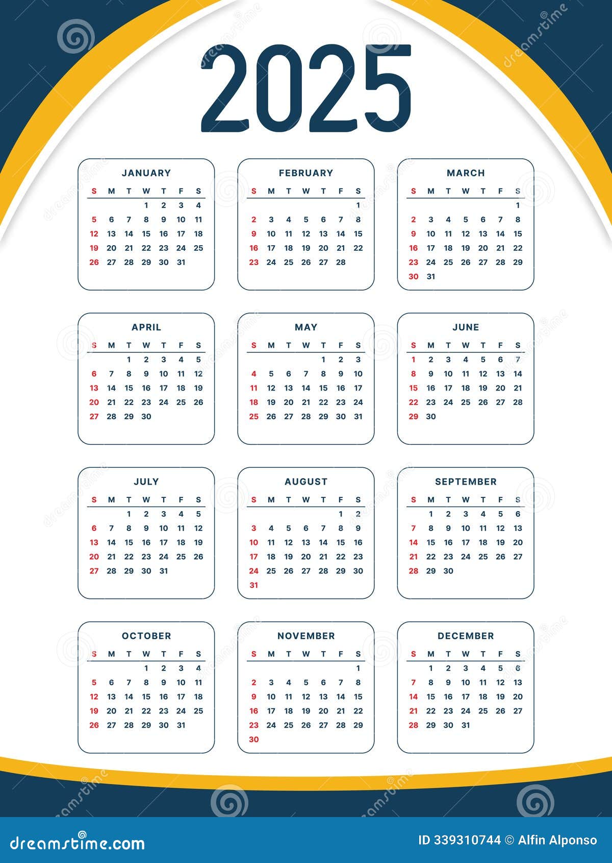 2025 Annual Wall Calendar Template Printable Design Vector Illustration ...