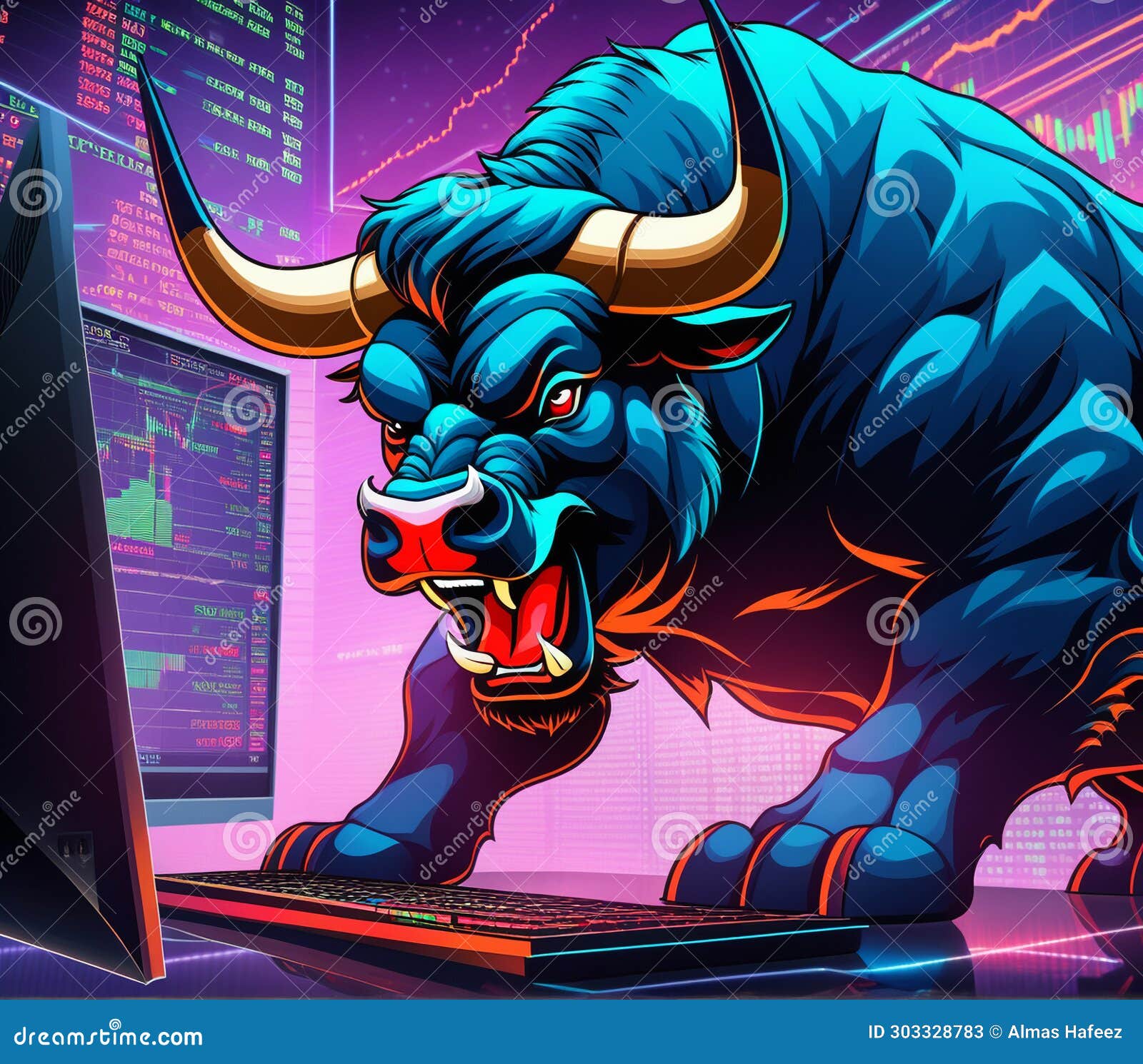 Vector Art Illustration of a Angry Bull in Neon Lights Doing Trading on ... Vector Art Illustration of a Angry Bull in Neon Lights Doing Trading on ...