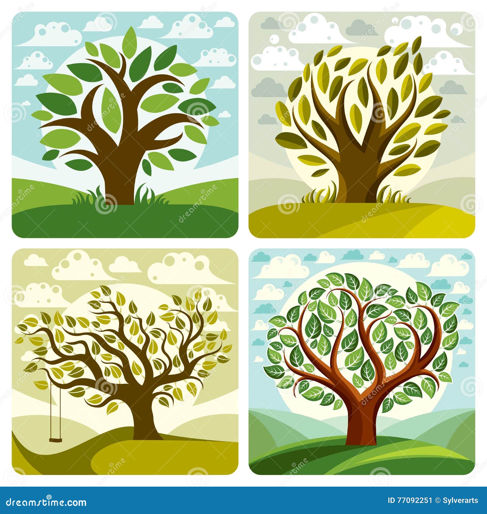 Vector Art Trees with Swing on Beautiful Cloudy Spring Landscape Stock ...