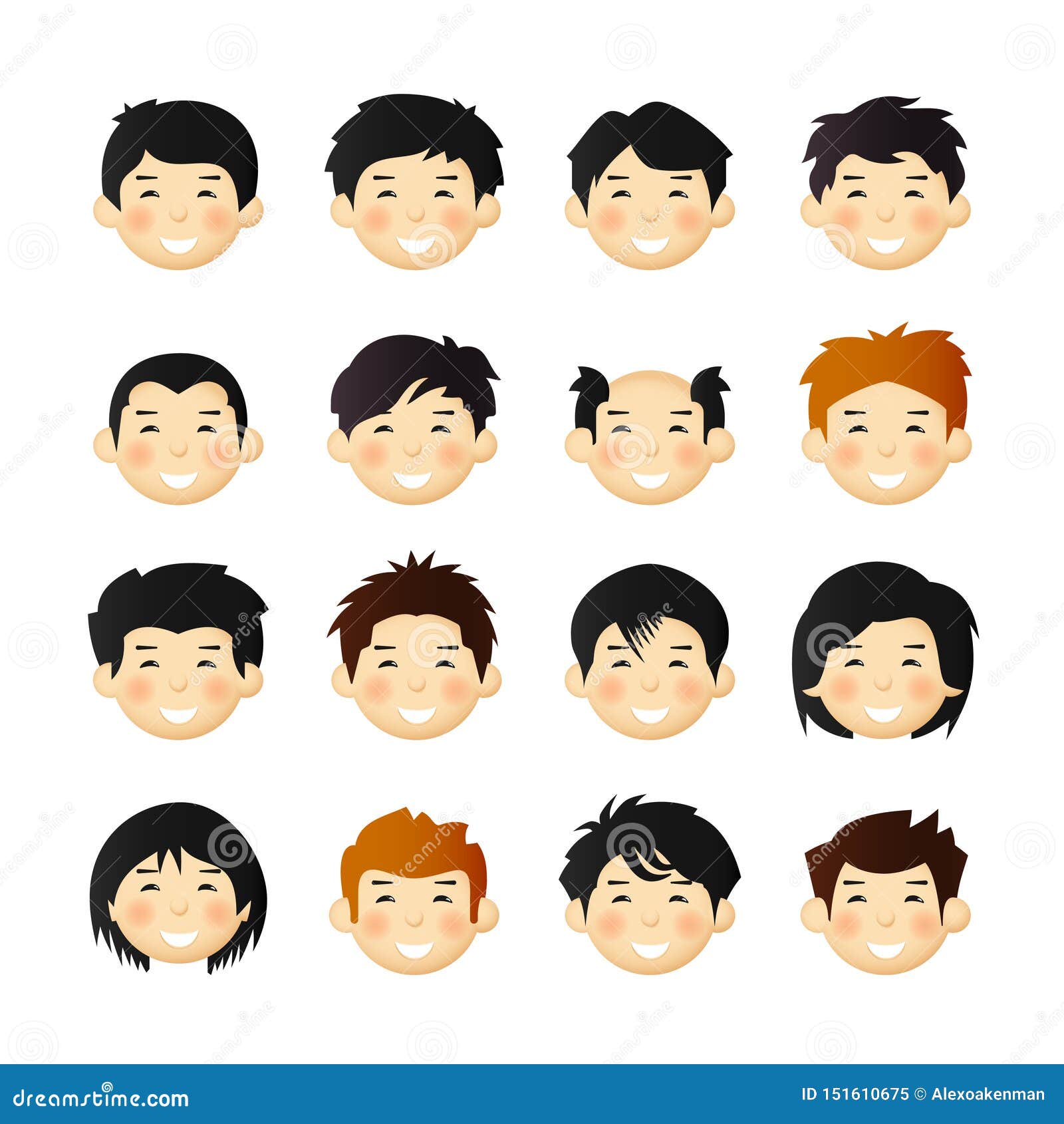 Vector Asian Men Avatars Set with Different Hairstyle Stock ...