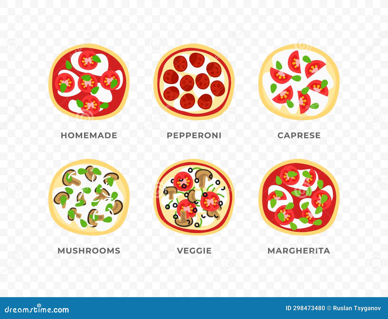 Vector Assorted Whole Pizza. Vector Illustration of Italian Pizza Stock ...