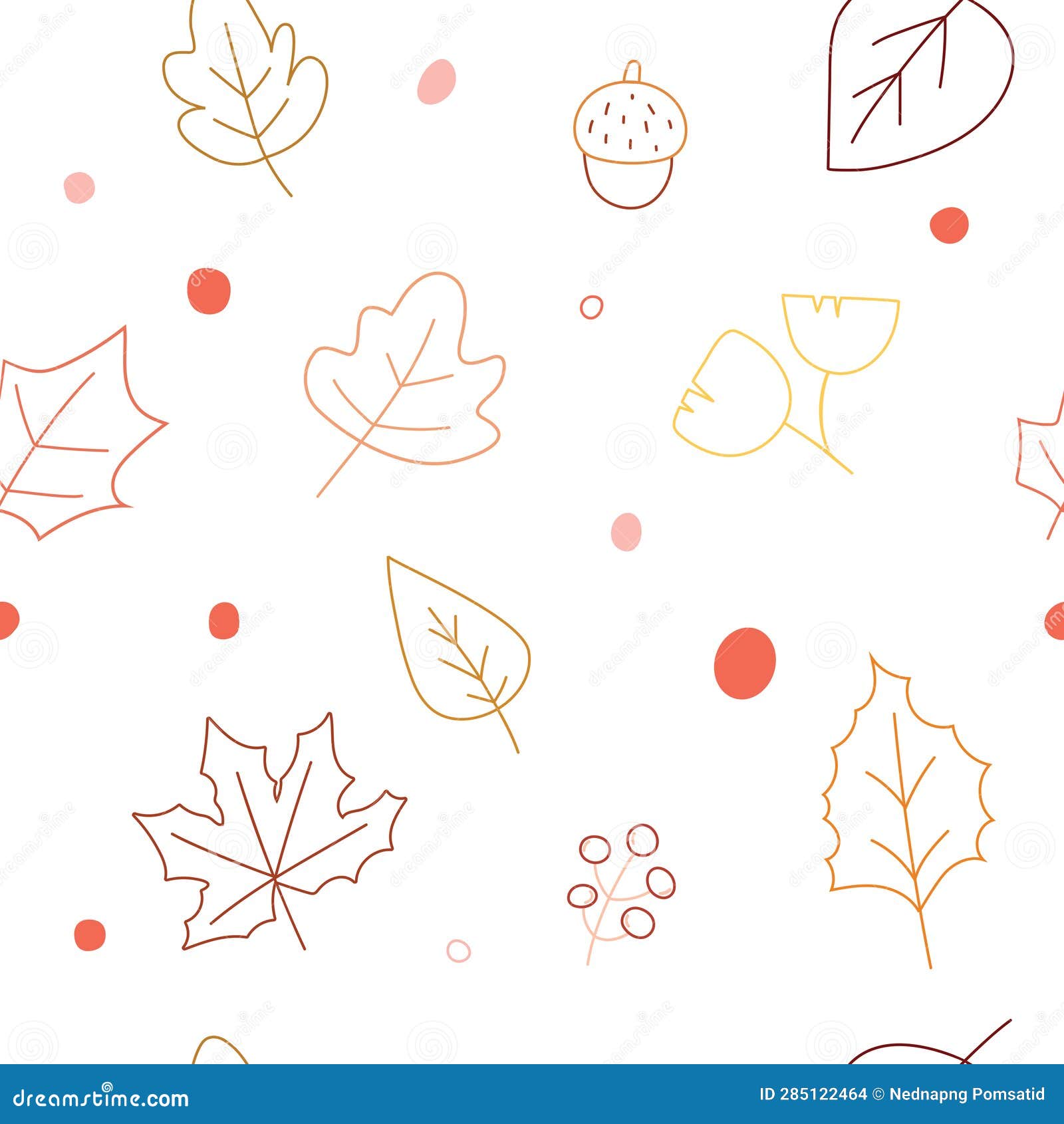 Vector of Autumn Leaves Line Drawing in Seamless Pattern Vector ...