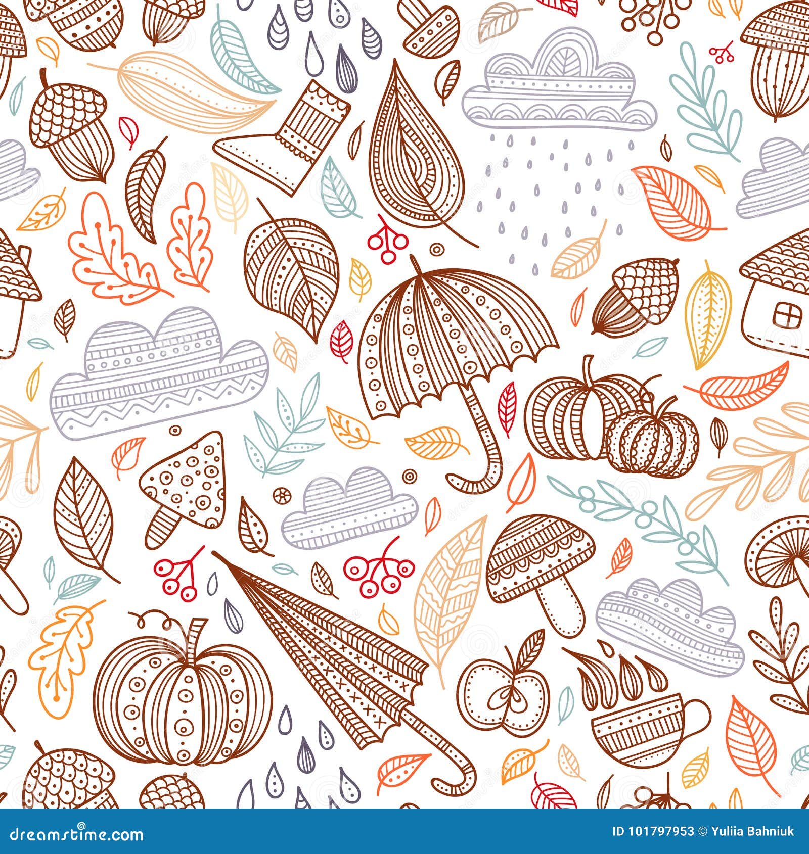 Vector Autumn Seamless Pattern with Colorful Linear Objects Stock ...