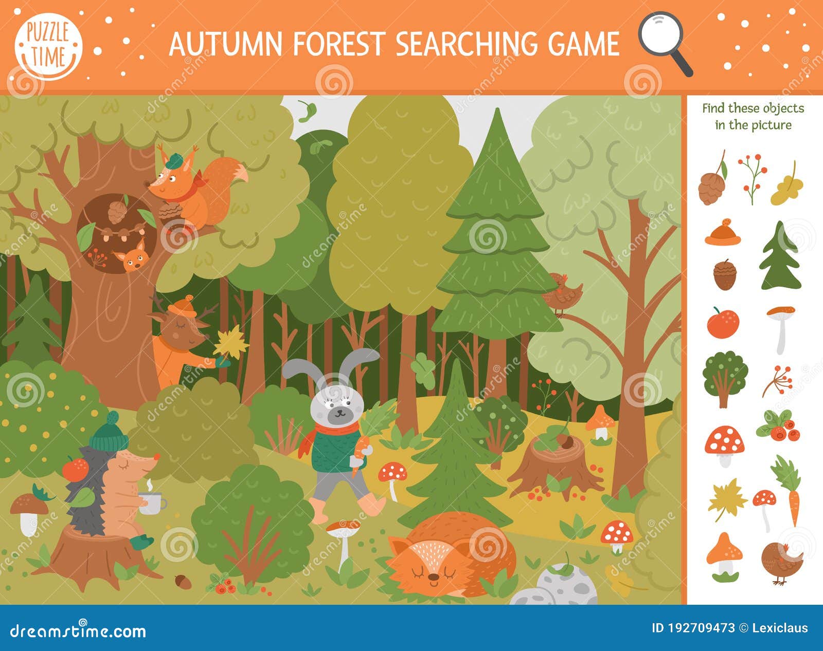 Vector Autumn Searching Game with Cute Woodland Animals. Find Hidden ... Vector Autumn Searching Game with Cute Woodland Animals. Find Hidden ...