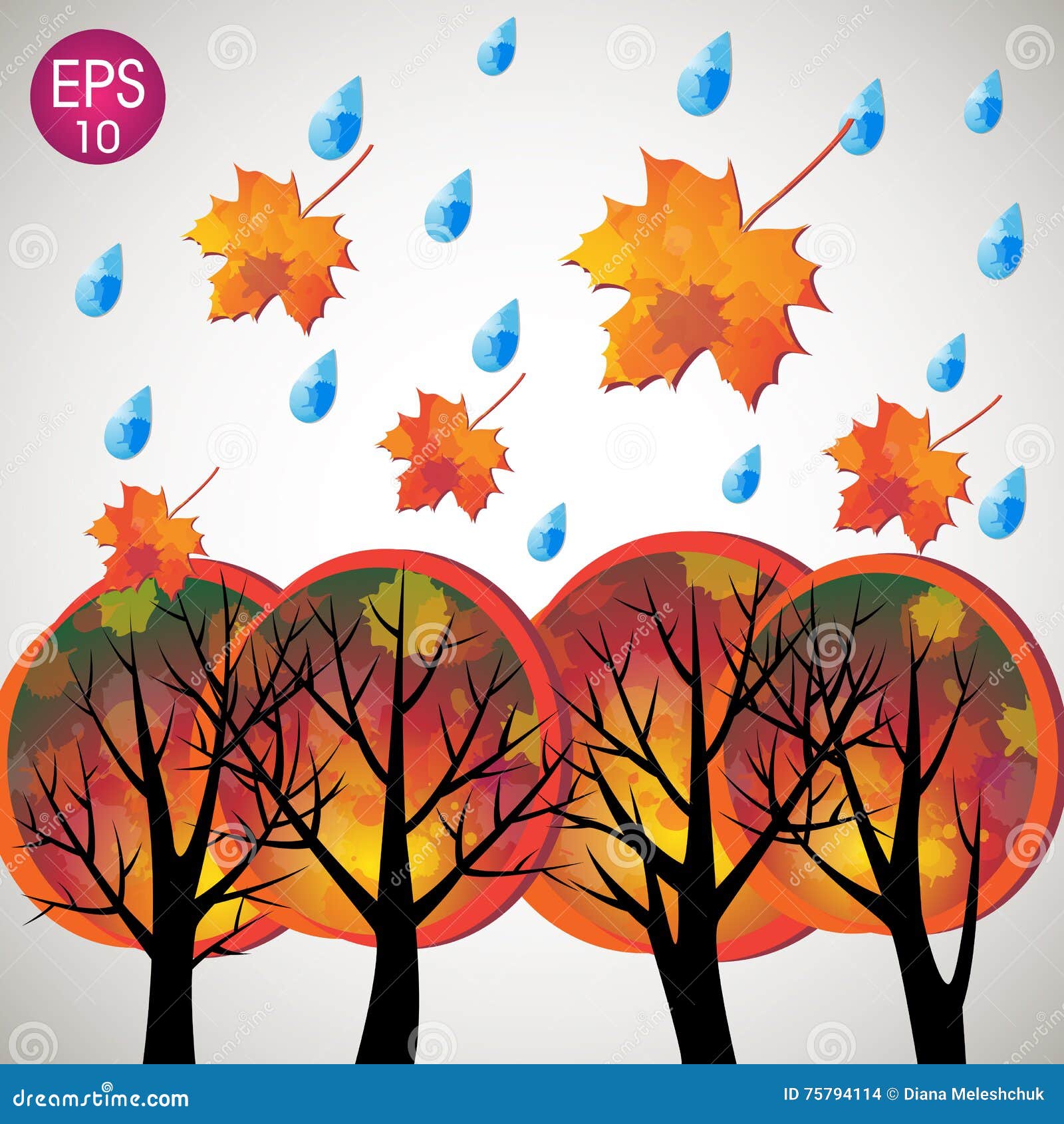 Vector Autumn Trees with Falling Leaves and Water Drops Stock Vector ...