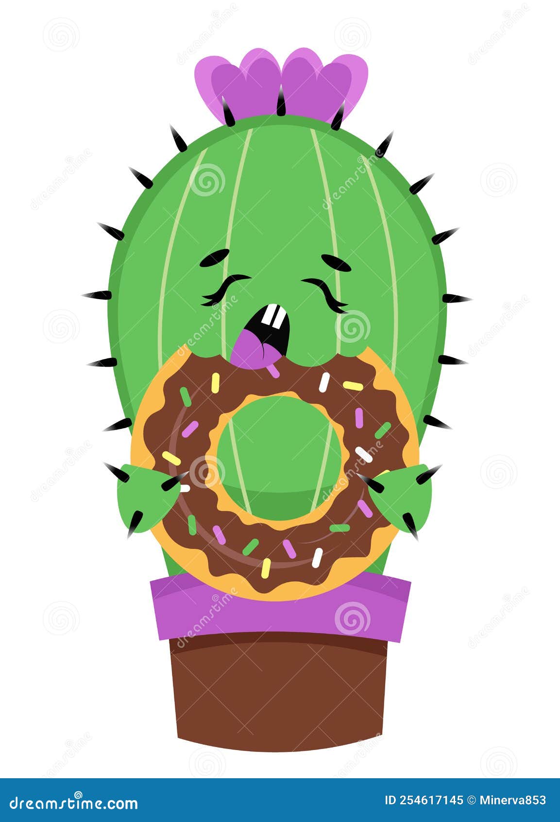 Vector Baby Cactus in the Pot Eating a Donut. Vector Illustration ...
