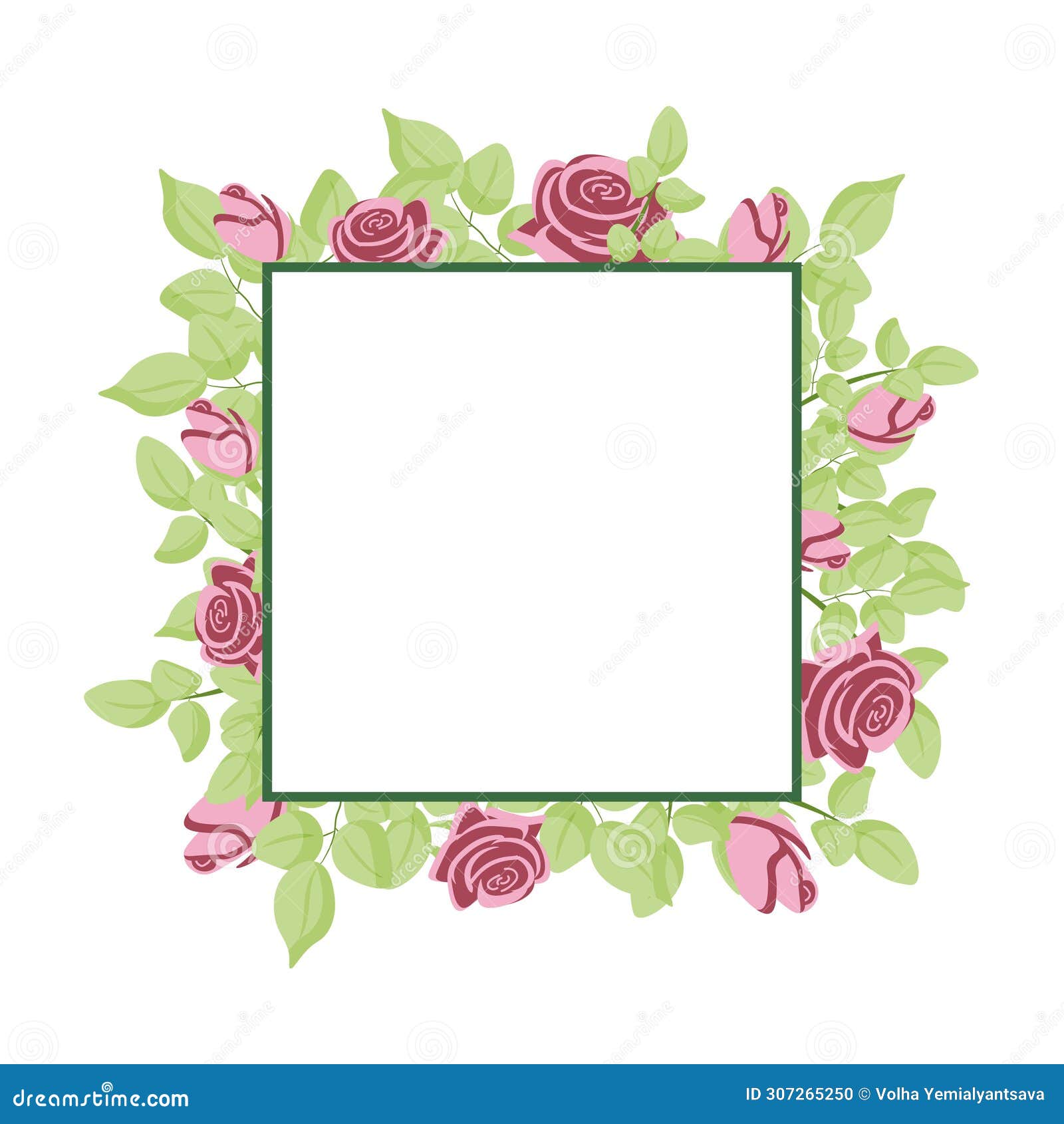 Vector Background Frame with Pink Roses and Green Leaves Stock ...