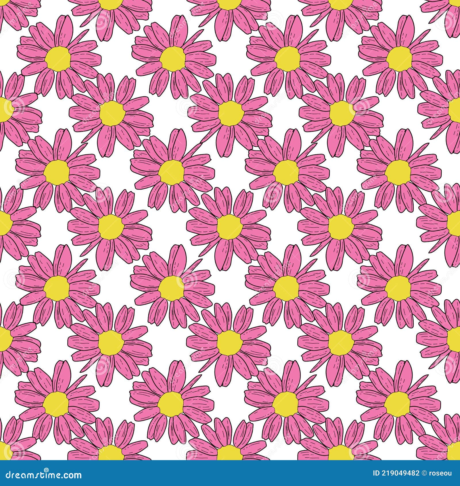 Vector White Background Pink Daisy Flowers and Wild Flowers. Seamless ...