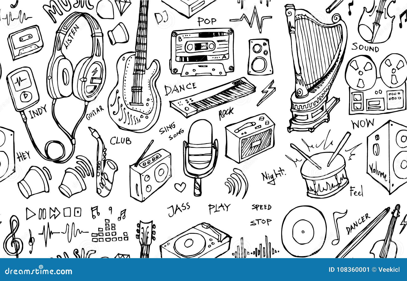 Vector Background Seamless Pattern with Hand Drawn Music Doodle Stock ...