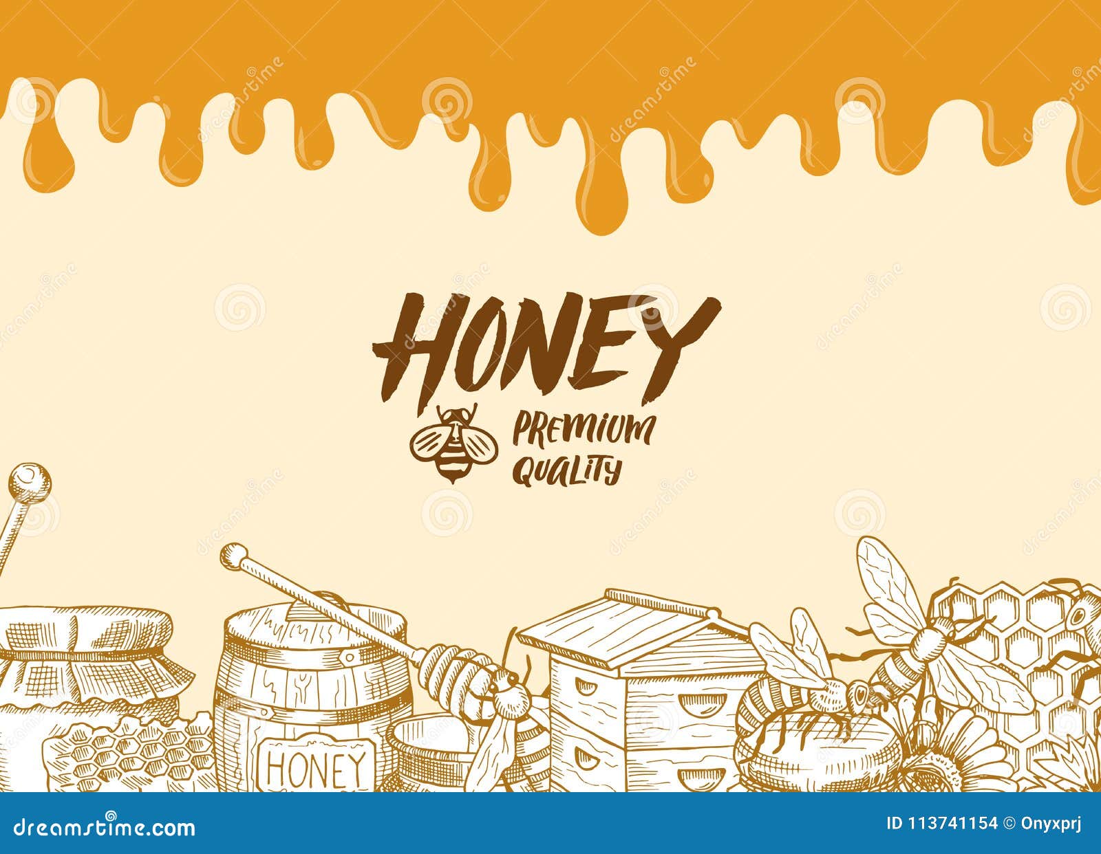 Vector Background with Sketched Honey Elements, Dripping Honey Stock ...