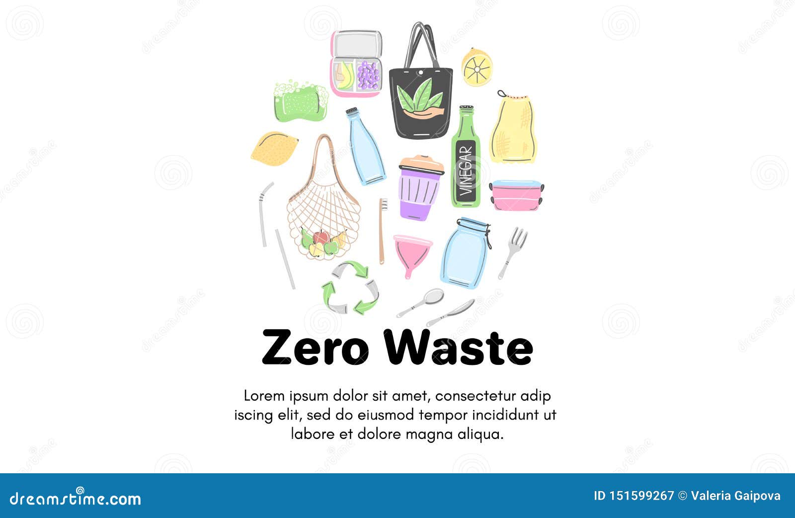 Vector Background with Zero Waste Objects. Hand Drawn Flat Style. Eco ...