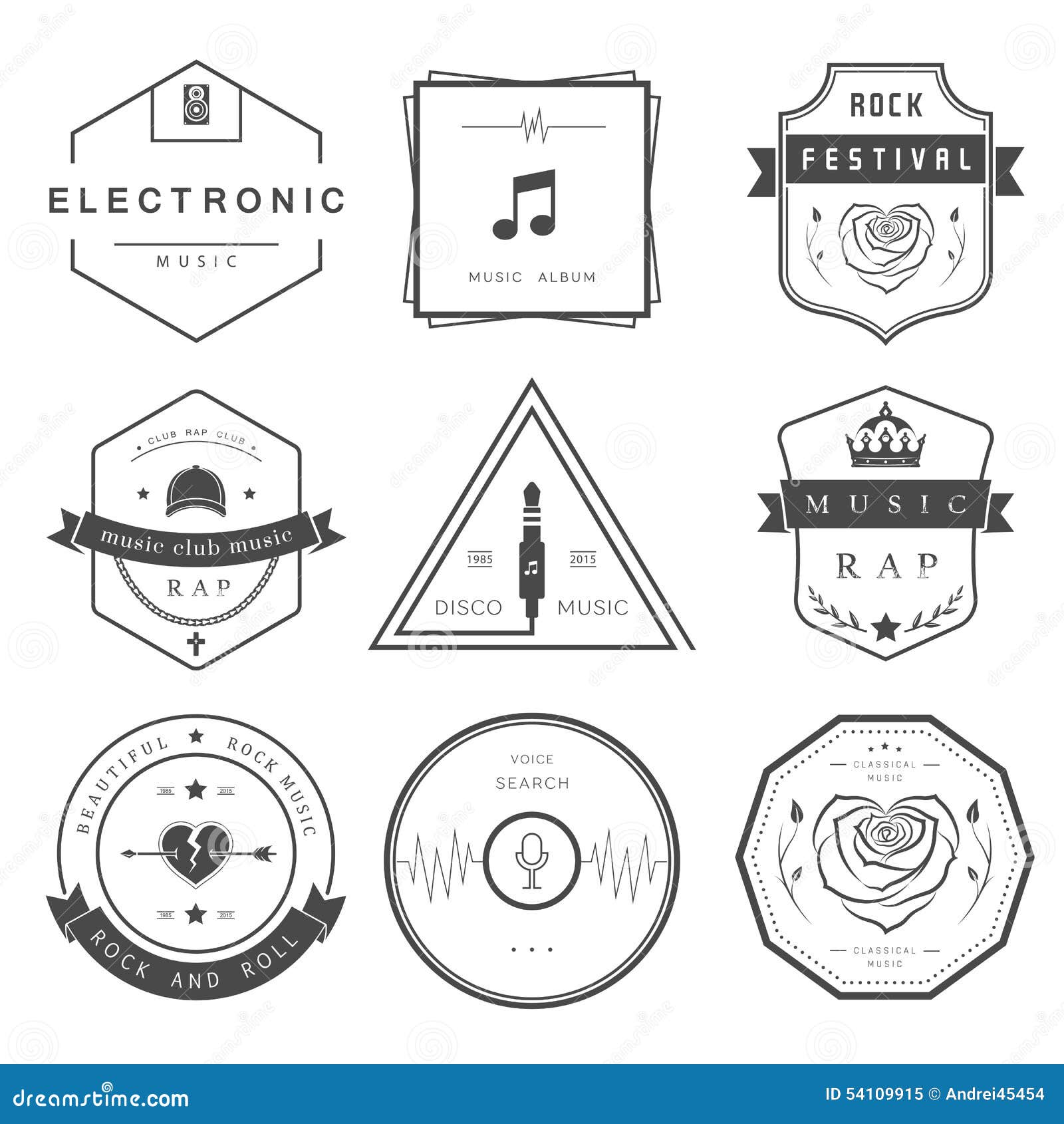 Vector Badges Rock, Rap, Classical and Disco Music Stock Illustration ...