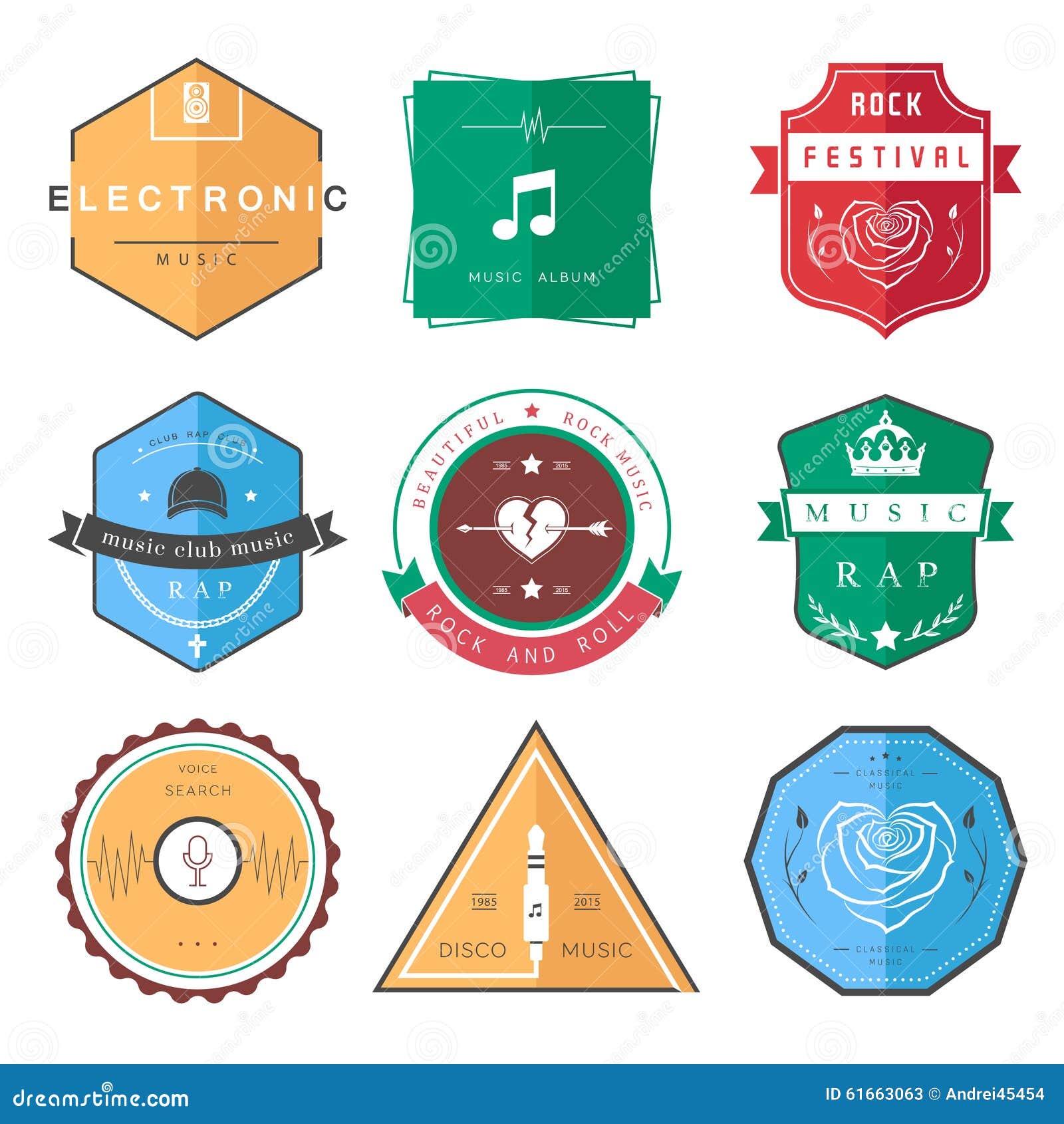 Vector Badges Rock, Rap, Classical and Disco Music Stock Illustration ...