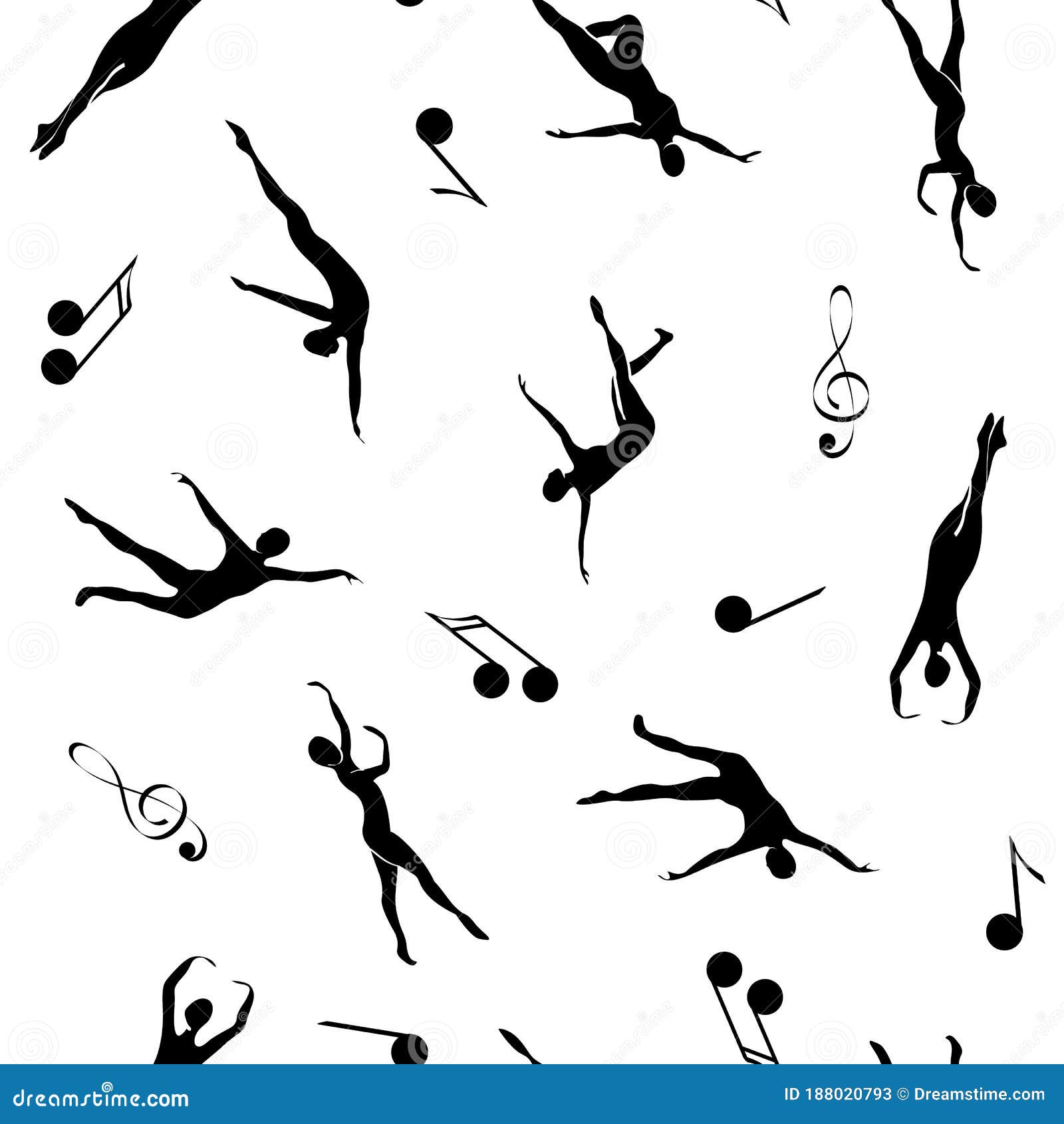 Vector Ballet Dancers and Music Notes in Black on White Seamless Repeat ...