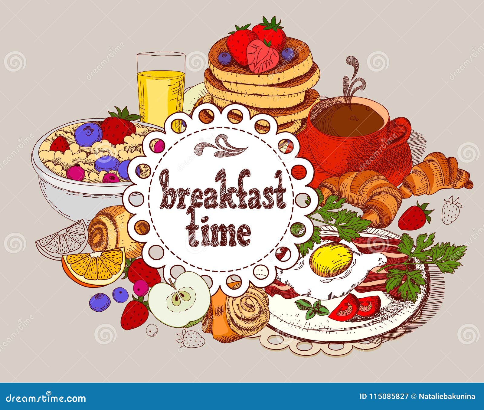 Breakfast Time Illustration. Fresh Food And Drinks In Flat Style ...