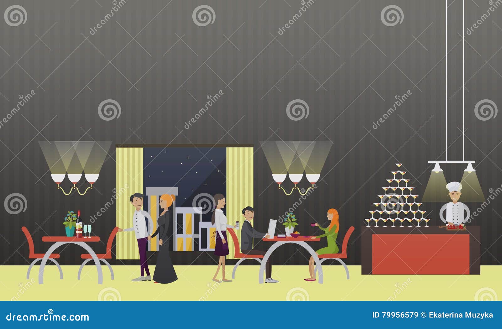 Vector Banner with Restaurant Interior. People Having Dinner in Cafe ...