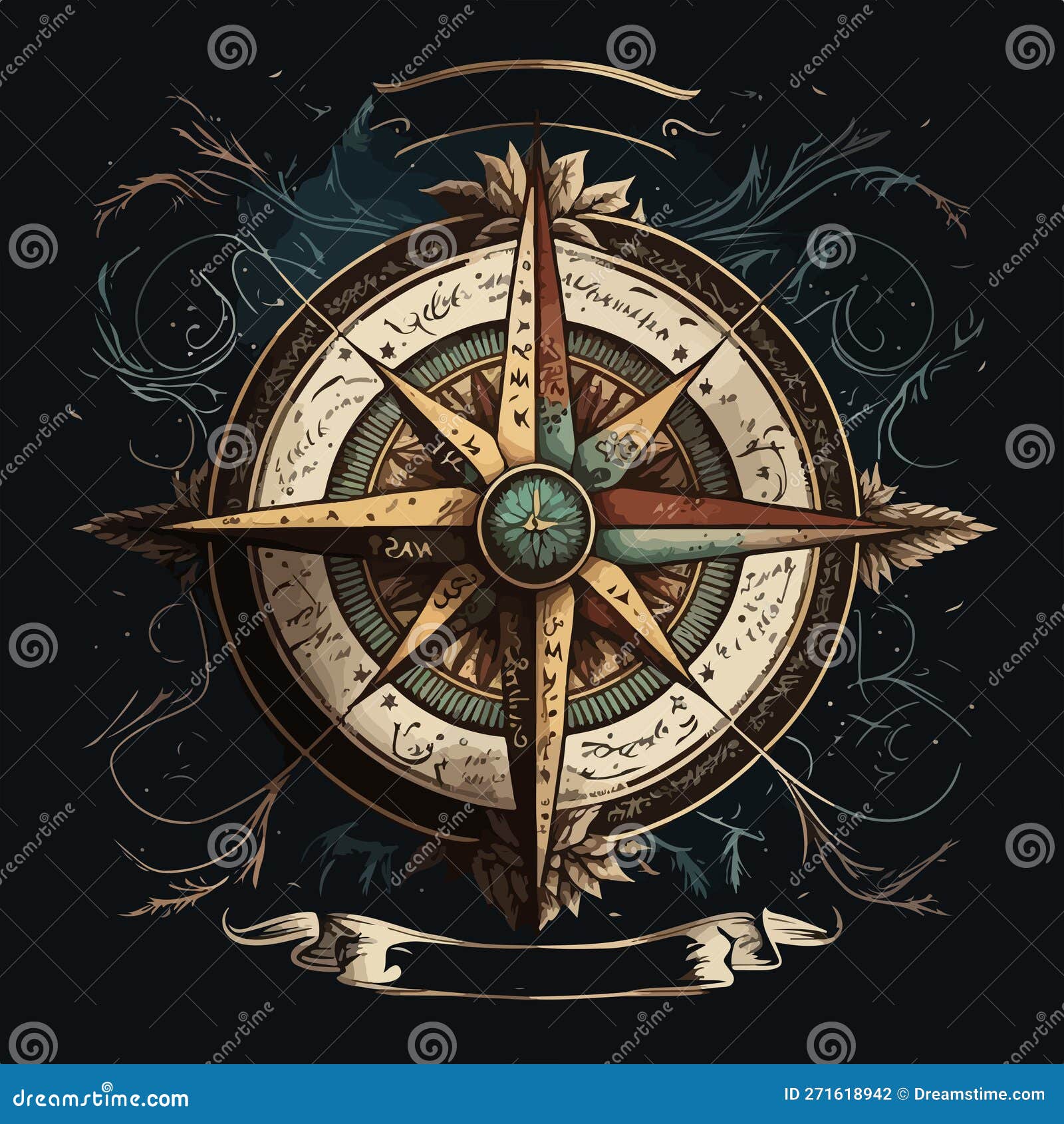 Vector Banner of Round Shape with a Hand-drawn Wind Rose and Compass on ...