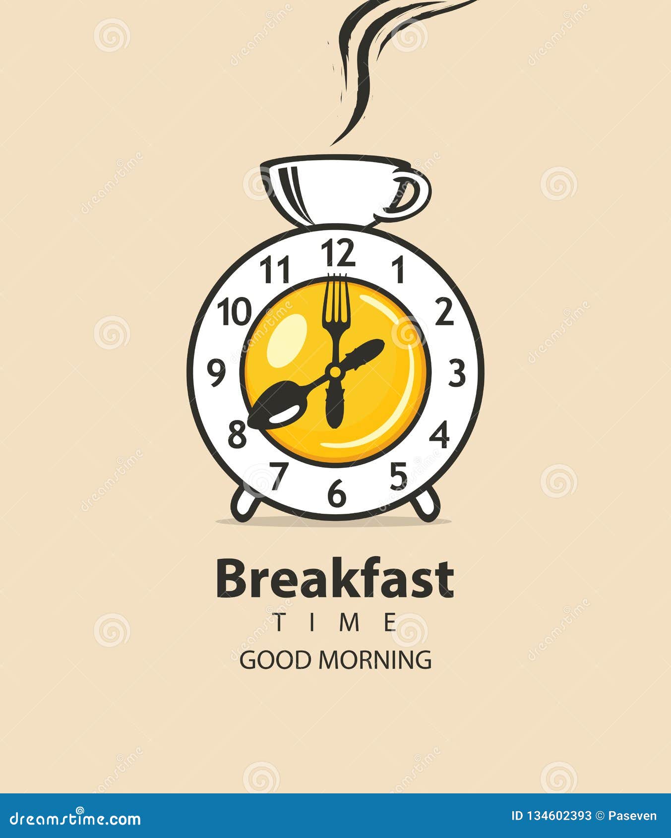 Banner for Breakfast with Clock, Tableware and Cup Stock Vector ...