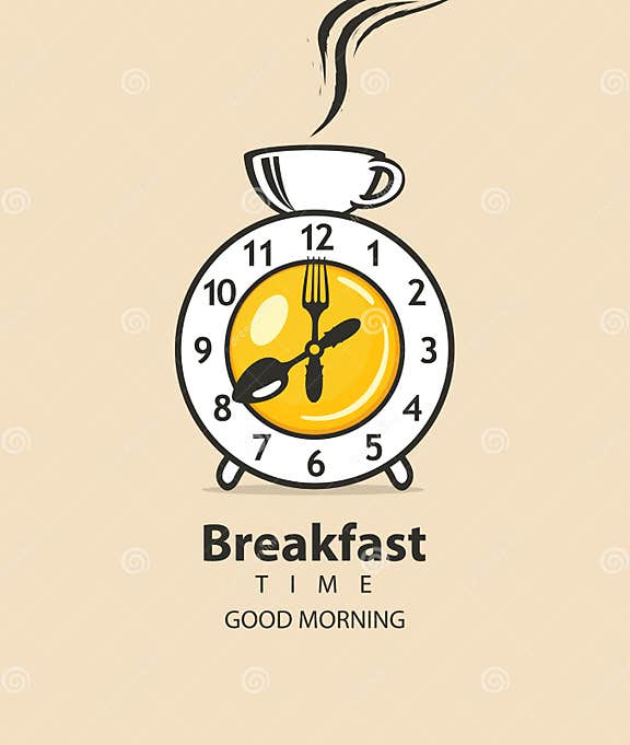 Banner for Breakfast with Clock, Tableware and Cup Stock Vector ...
