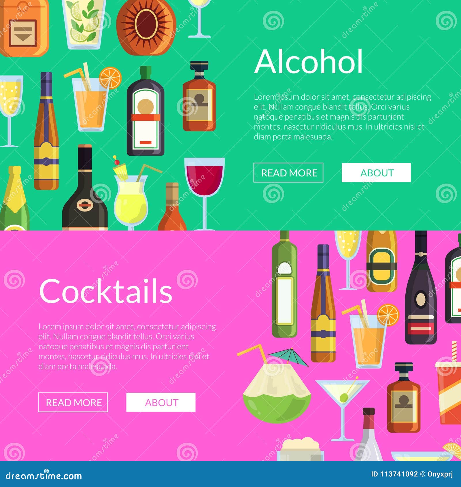 Vector Banners Illustration with Alcoholic Drinks in Glasses and ...