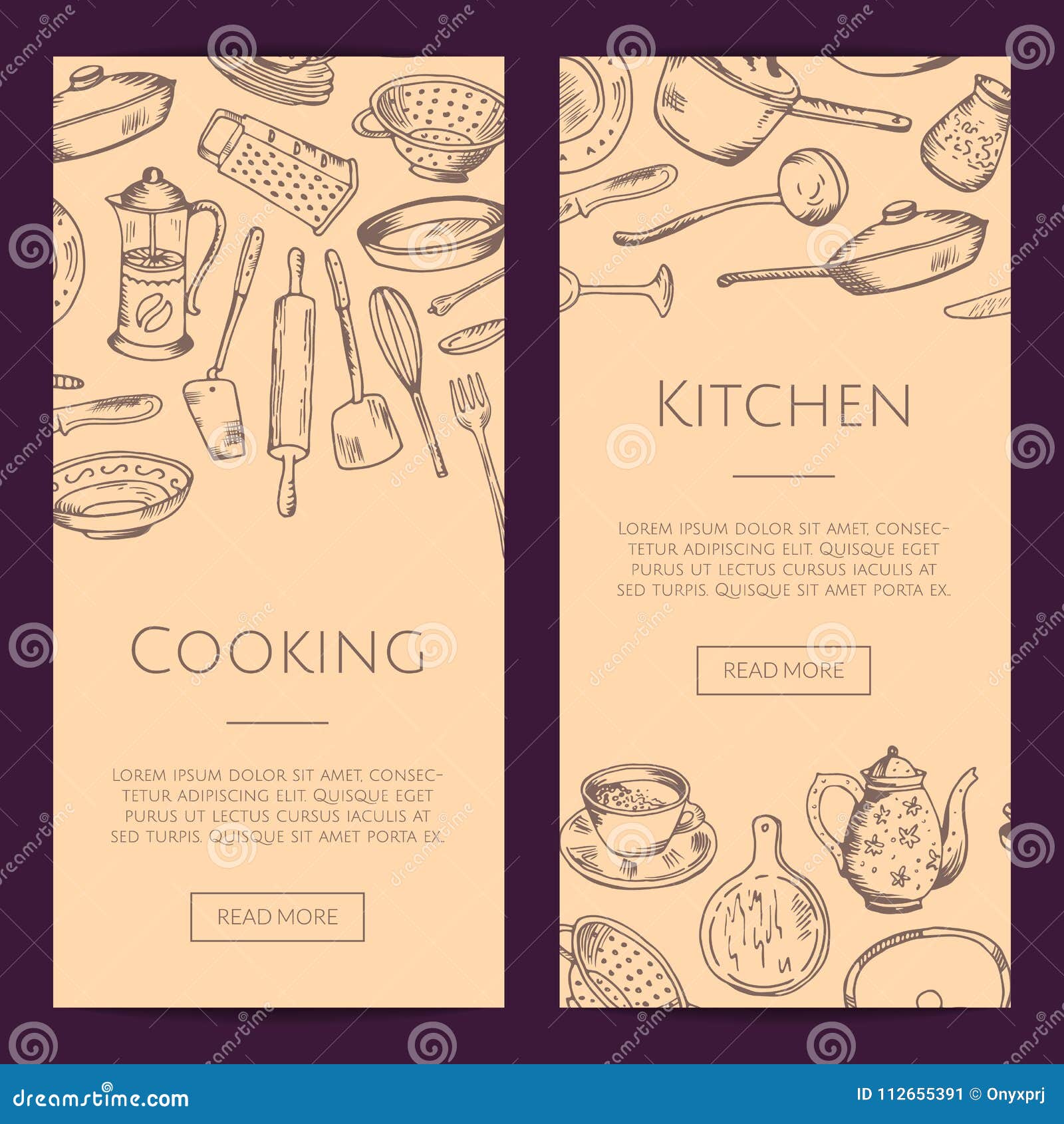 Vector Banners Illustration with Hand Drawn Kitchen Utensils Stock ...