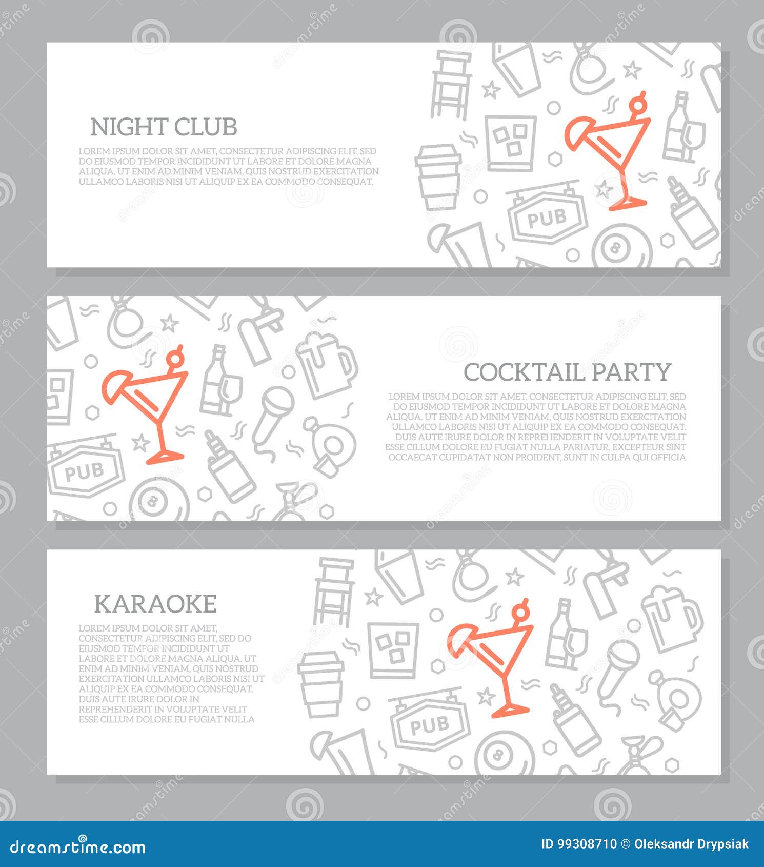 Set of Three Digital Night Club and Cocktail Bar Horizontal Banners ...