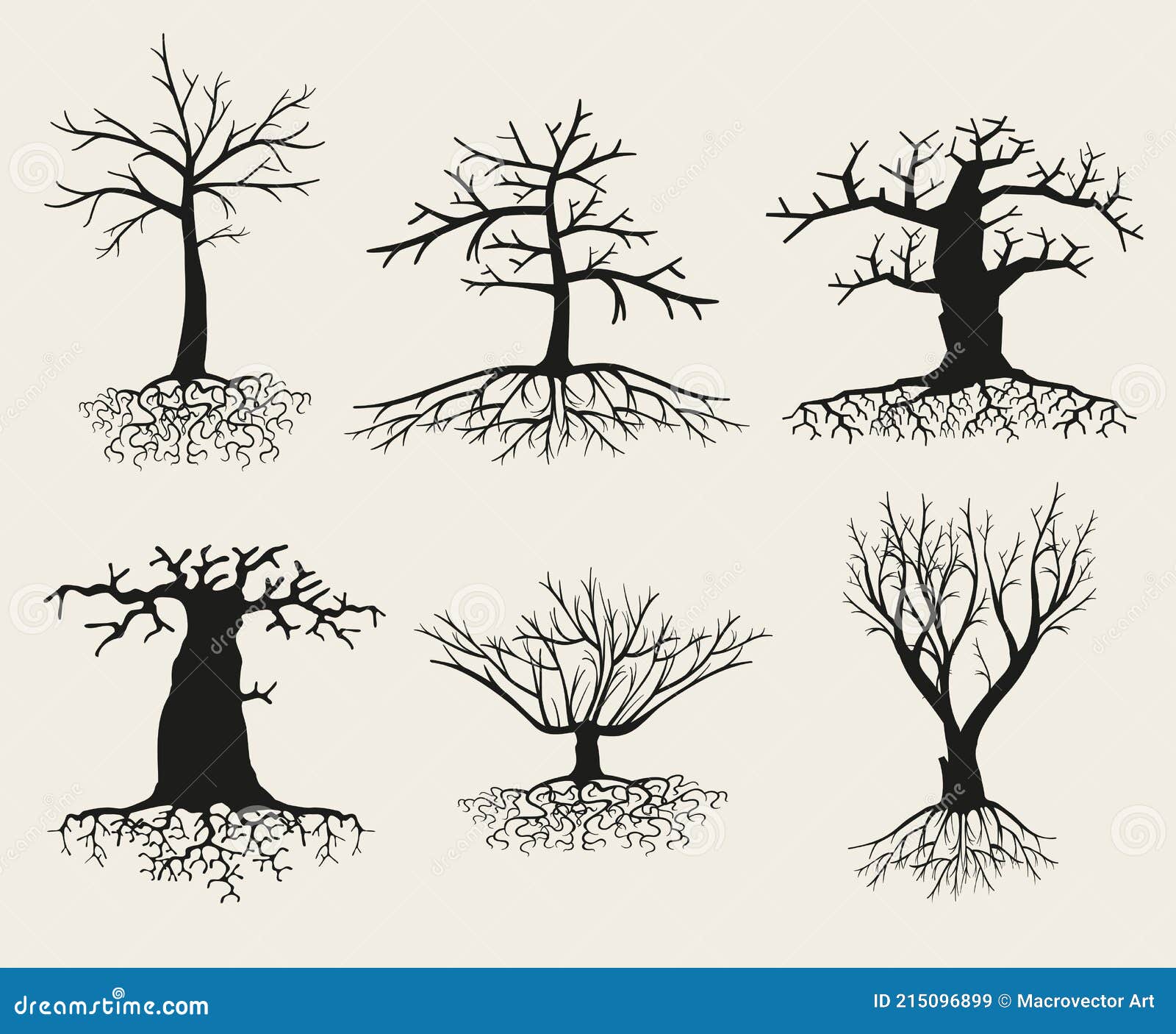 Vector Bare Tree Silhouettes with Roots Stock Vector - Illustration of ...