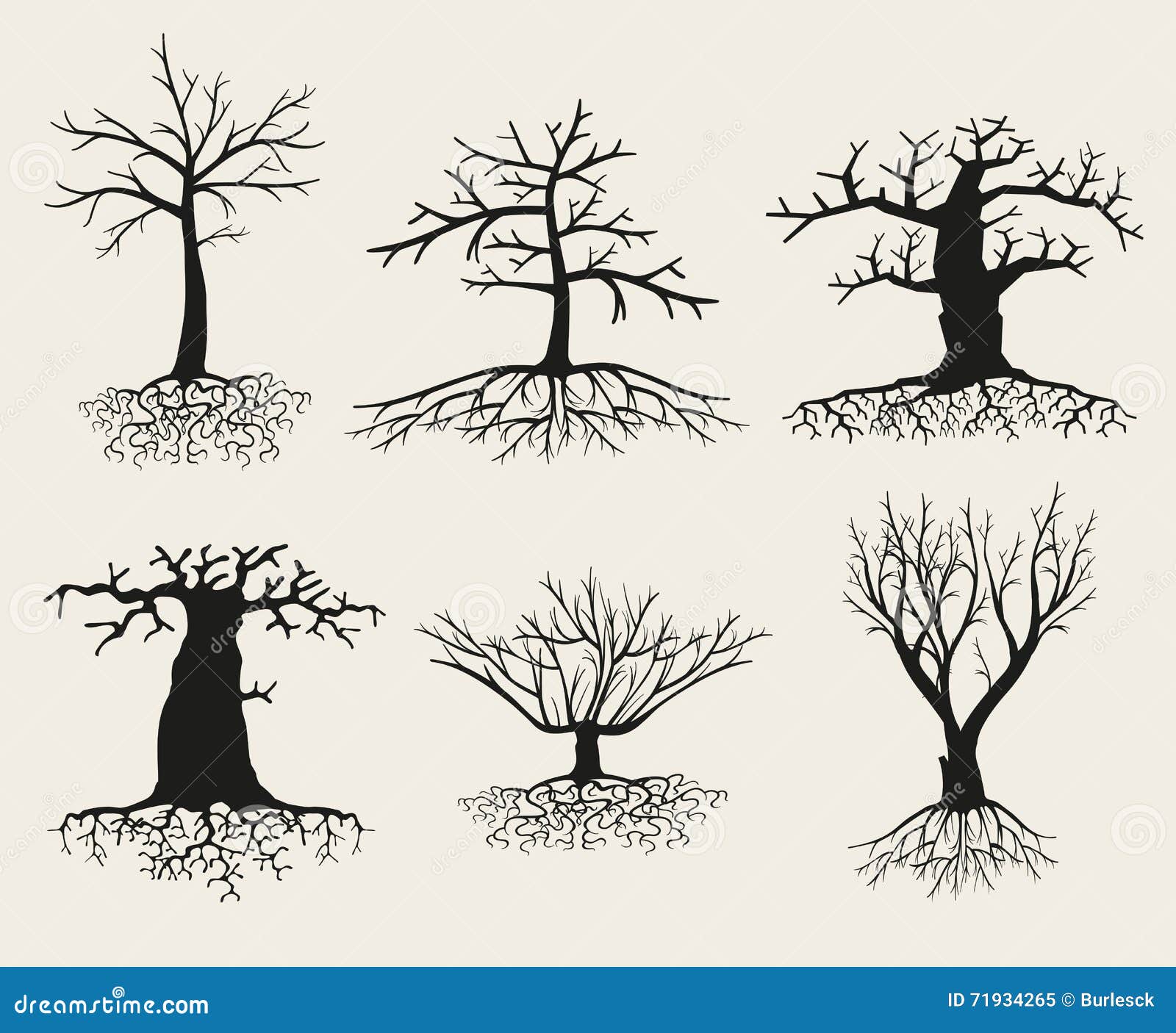 Vector Bare Tree Silhouettes with Roots Stock Vector - Illustration of ...
