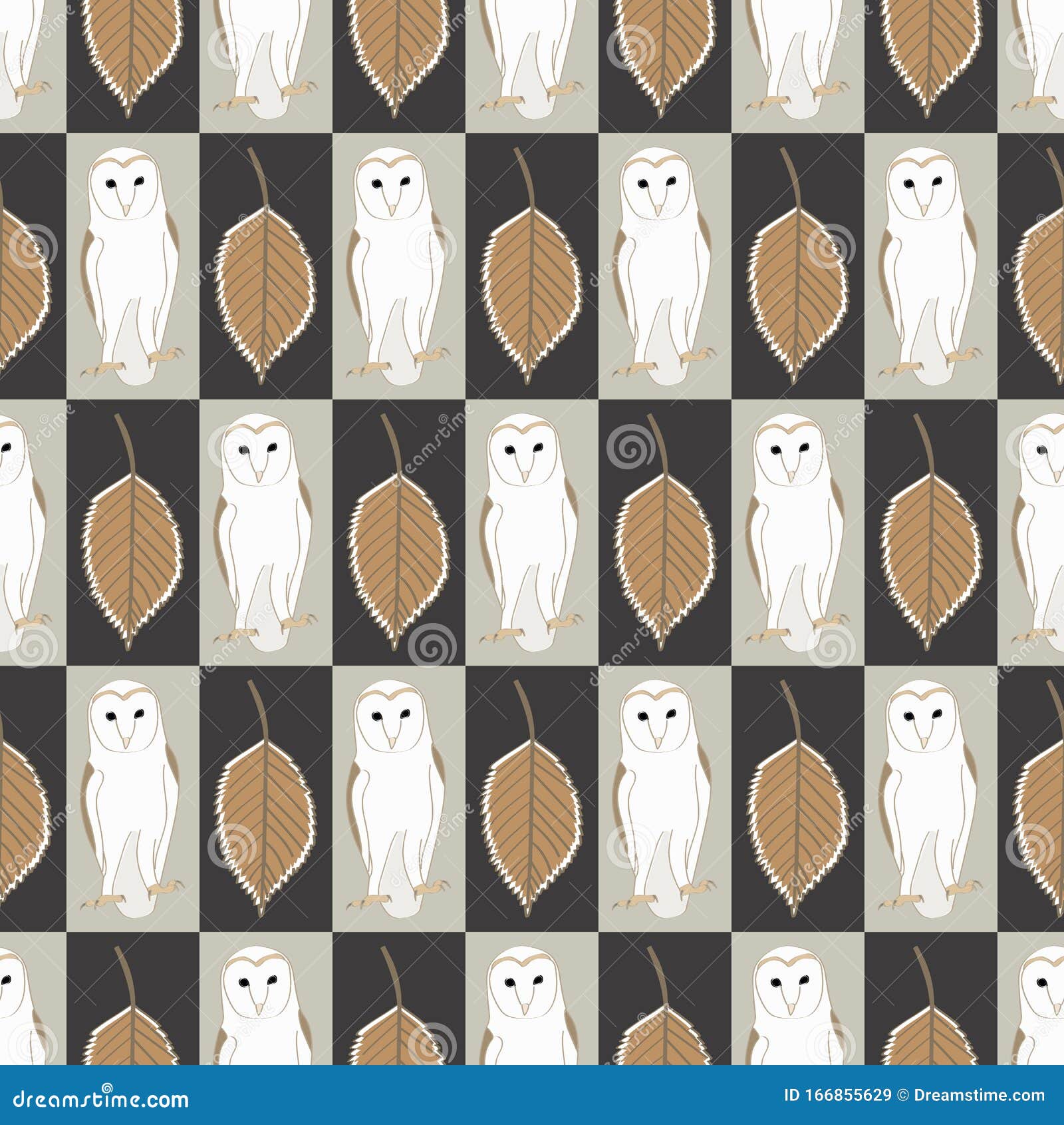 Vector Barn Owls With Brown Leaves Brown And Beige Rectangles Seamless ...
