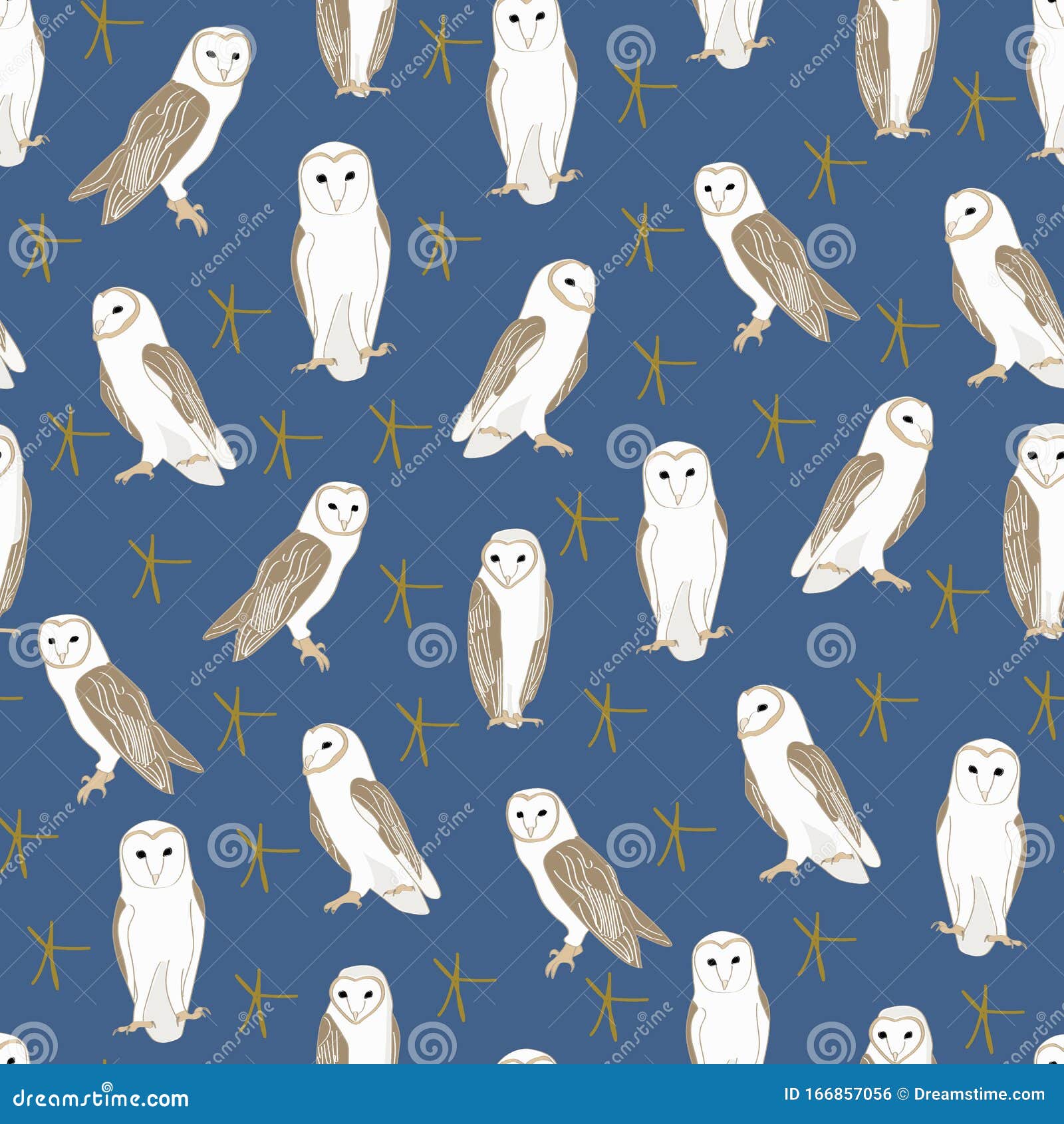 Vector Barn Owls In Brown Line Art On Blue Background Seamless Repeat ...