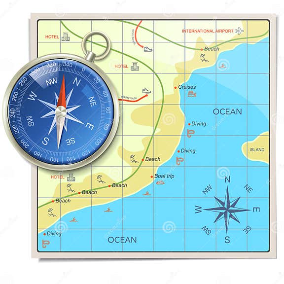 Vector Beach Map with Compass Stock Vector - Illustration of round ...