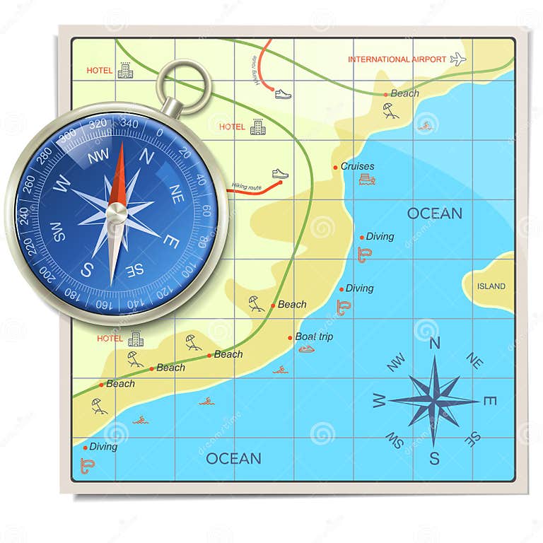 Vector Beach Map with Compass Stock Vector - Illustration of round ...