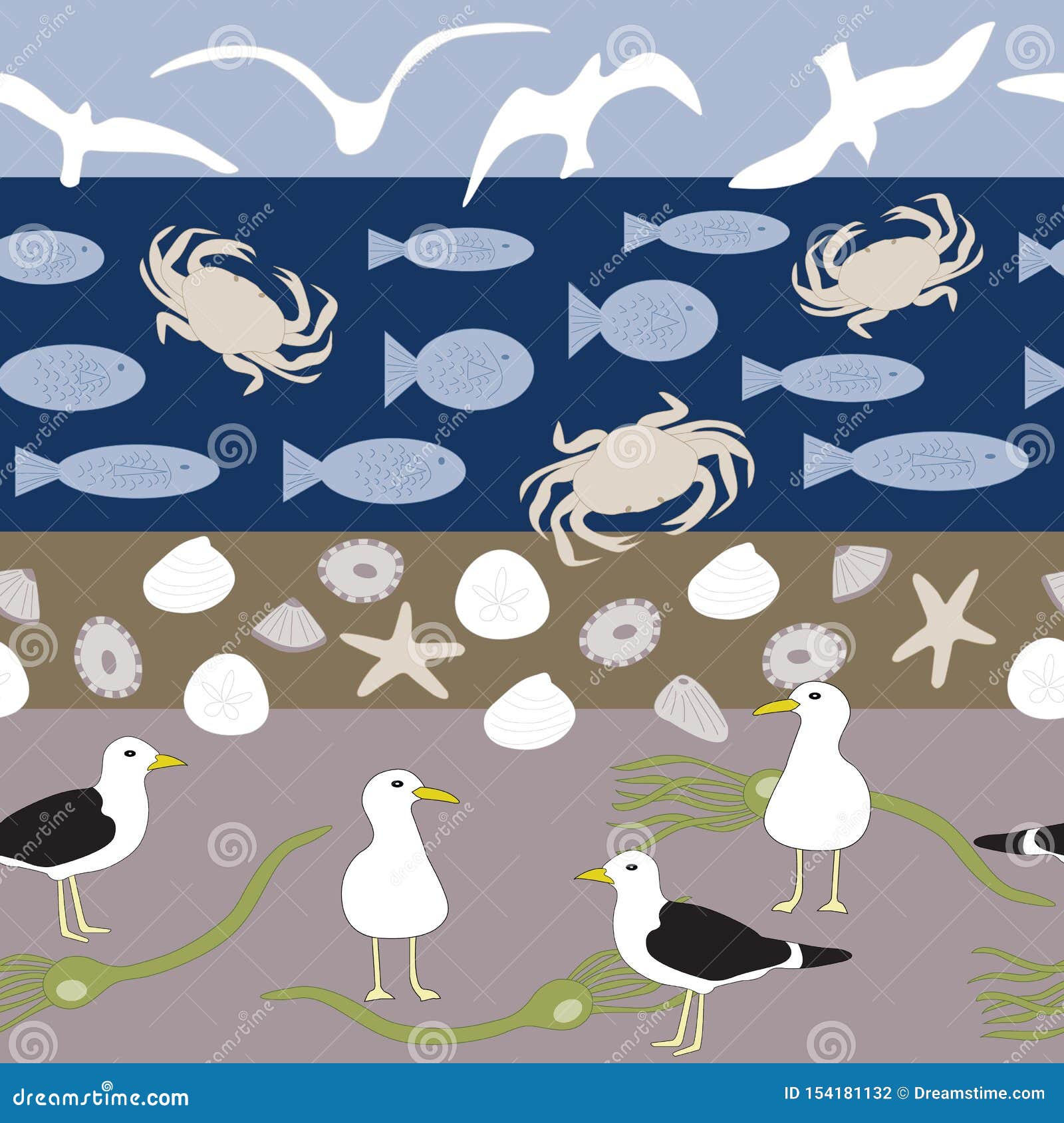 Vector Beach Scene with Birds, Shells, Fish, Crabs and Seaweed Seamless ...