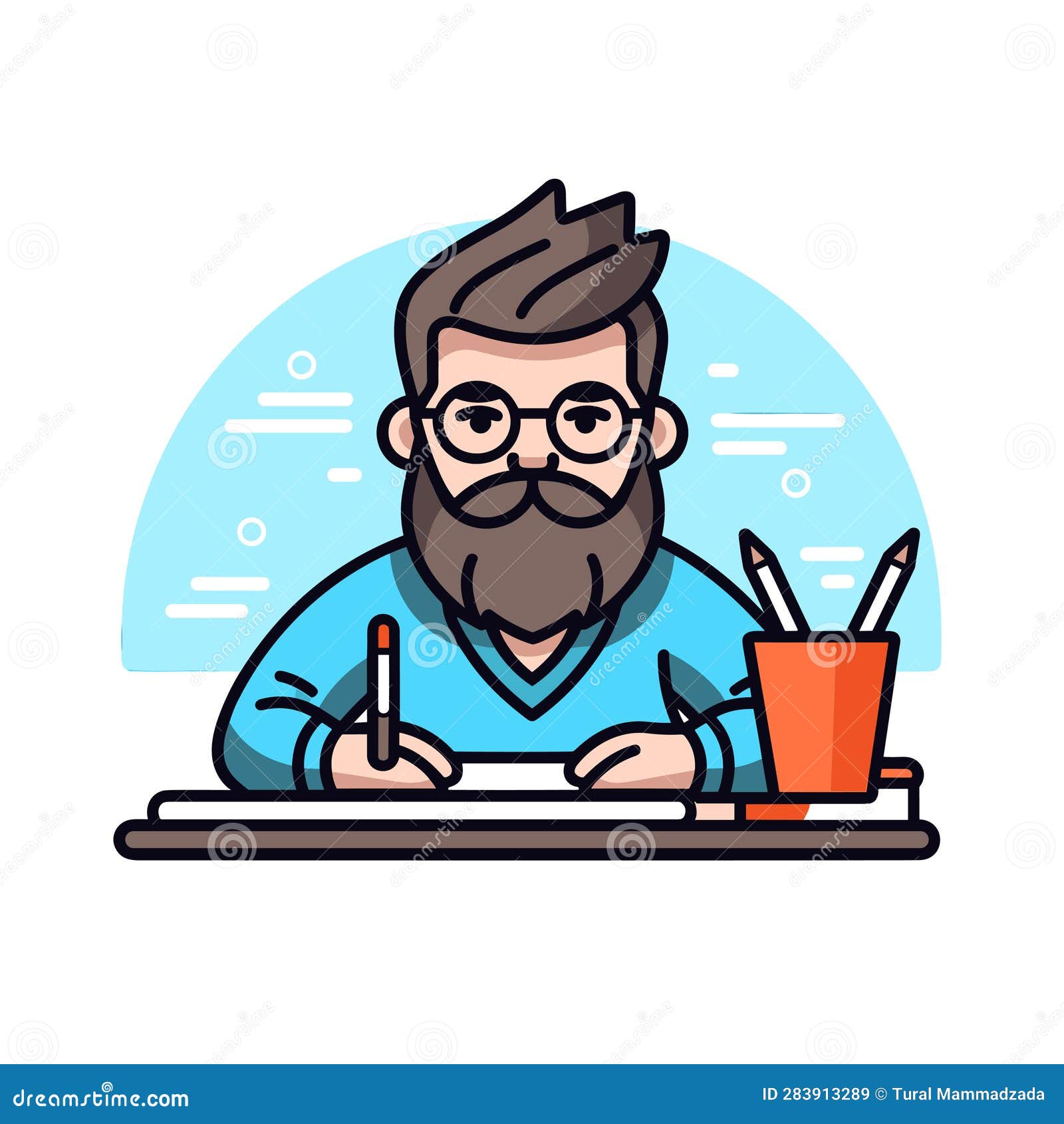 Vector of a Bearded Man Writing at a Desk in a Minimalist and Modern ...