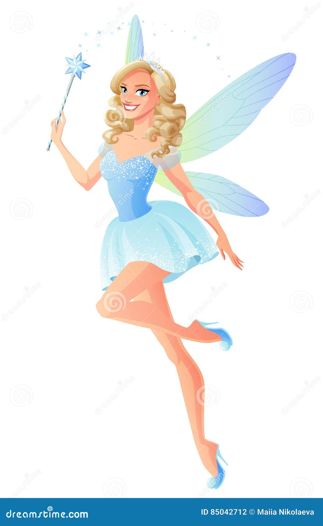 Vector Beautiful Blue Fairy With Magic Wand And Dragonfly Wings Stock