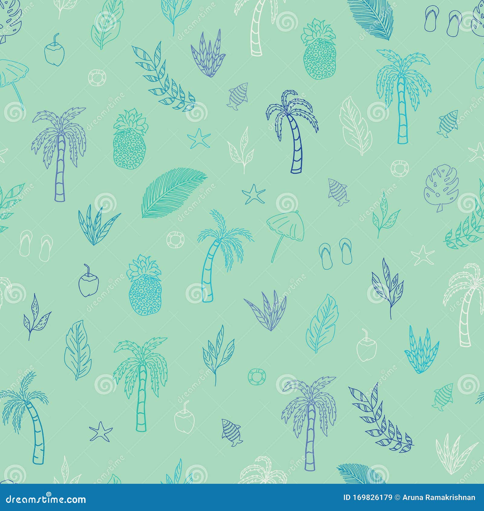 Vector Beautiful Cyan Tropical Elements Seamless Pattern Background ...