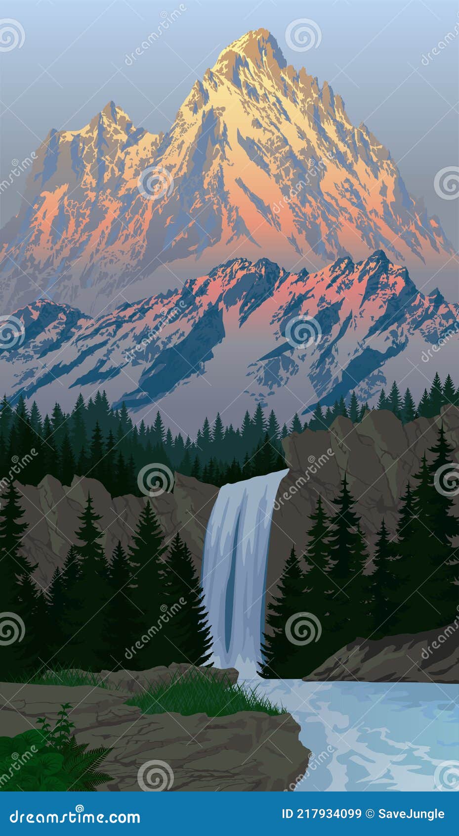 Vector Beautiful Waterfall in Evening Mountains Stock Vector ...