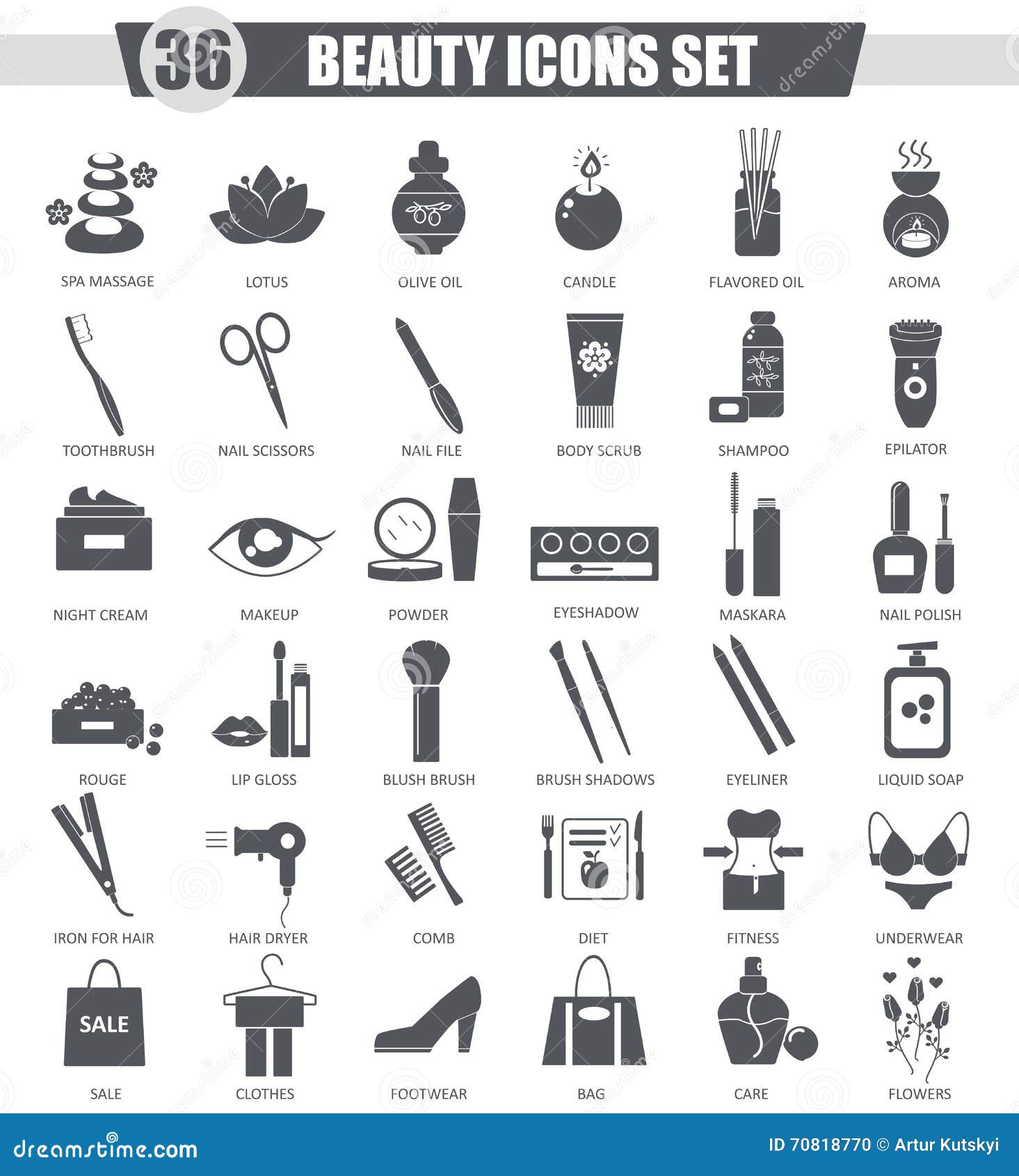 Vector Beauty and Cosmetics Black Icon Set. Dark Grey Classic Icon ...