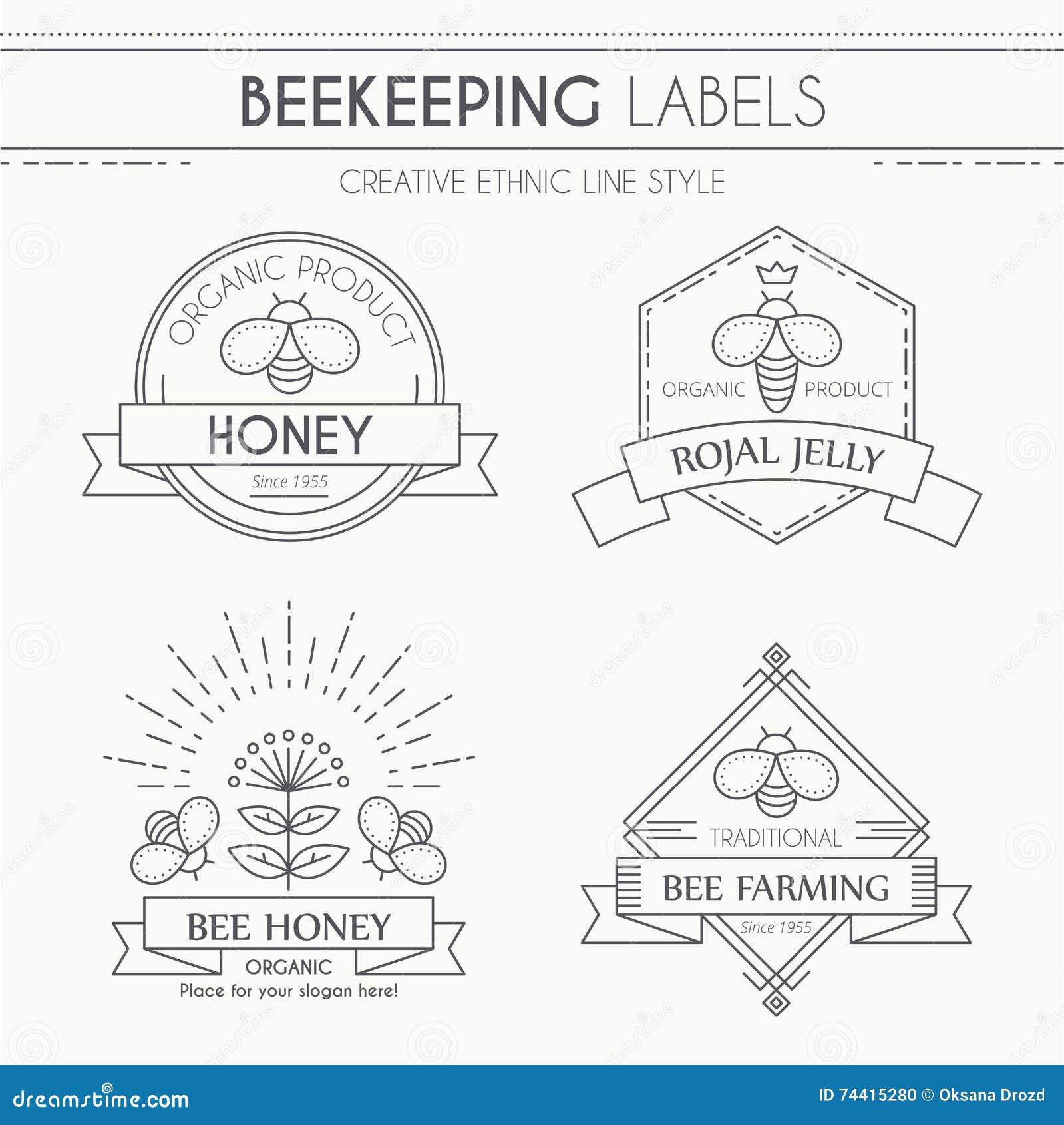 Vector Beekeeping Labels in Thin Line Style Stock Illustration ...